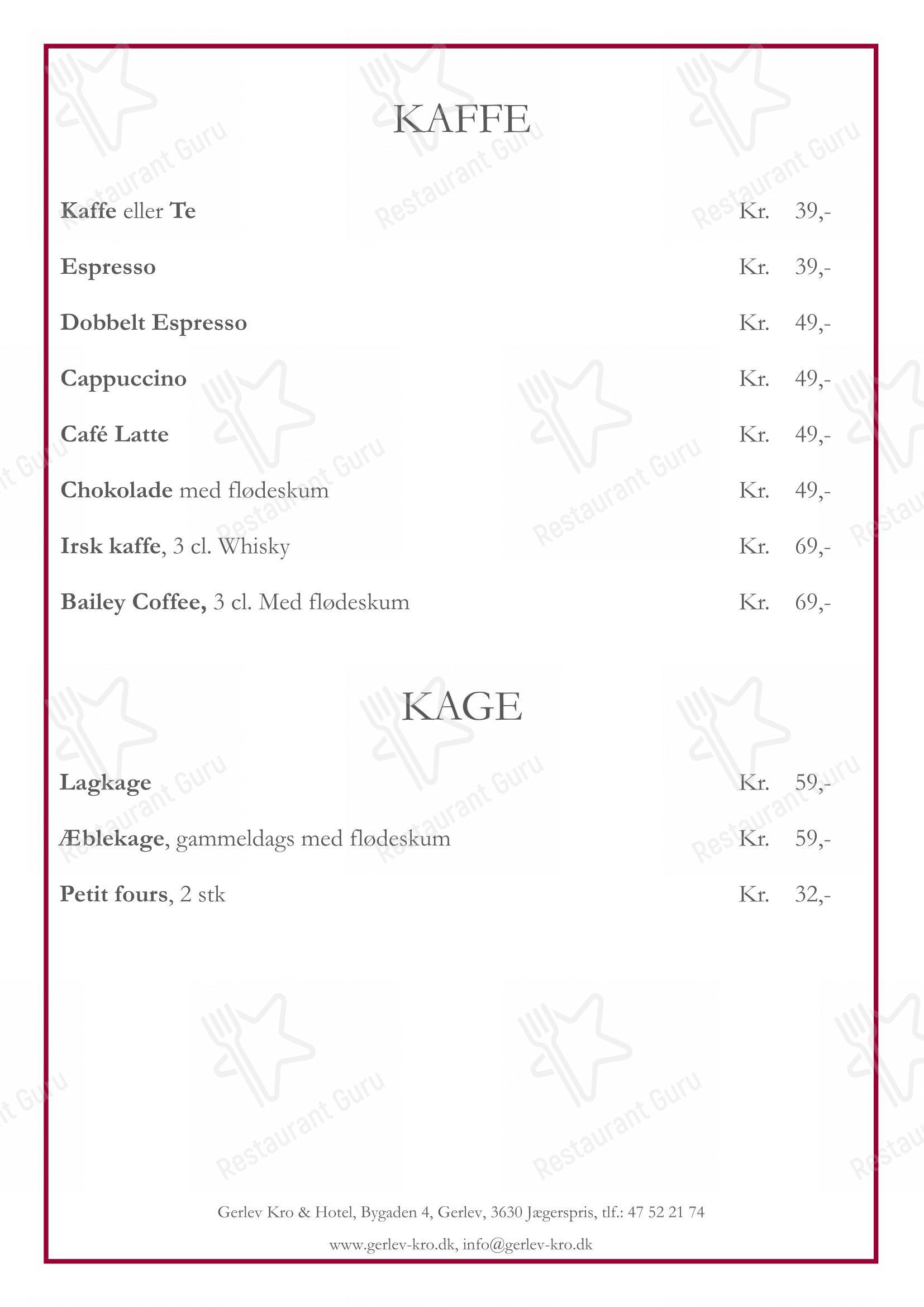 Menu at Gerlev Kro og Hotel restaurant, Denmark