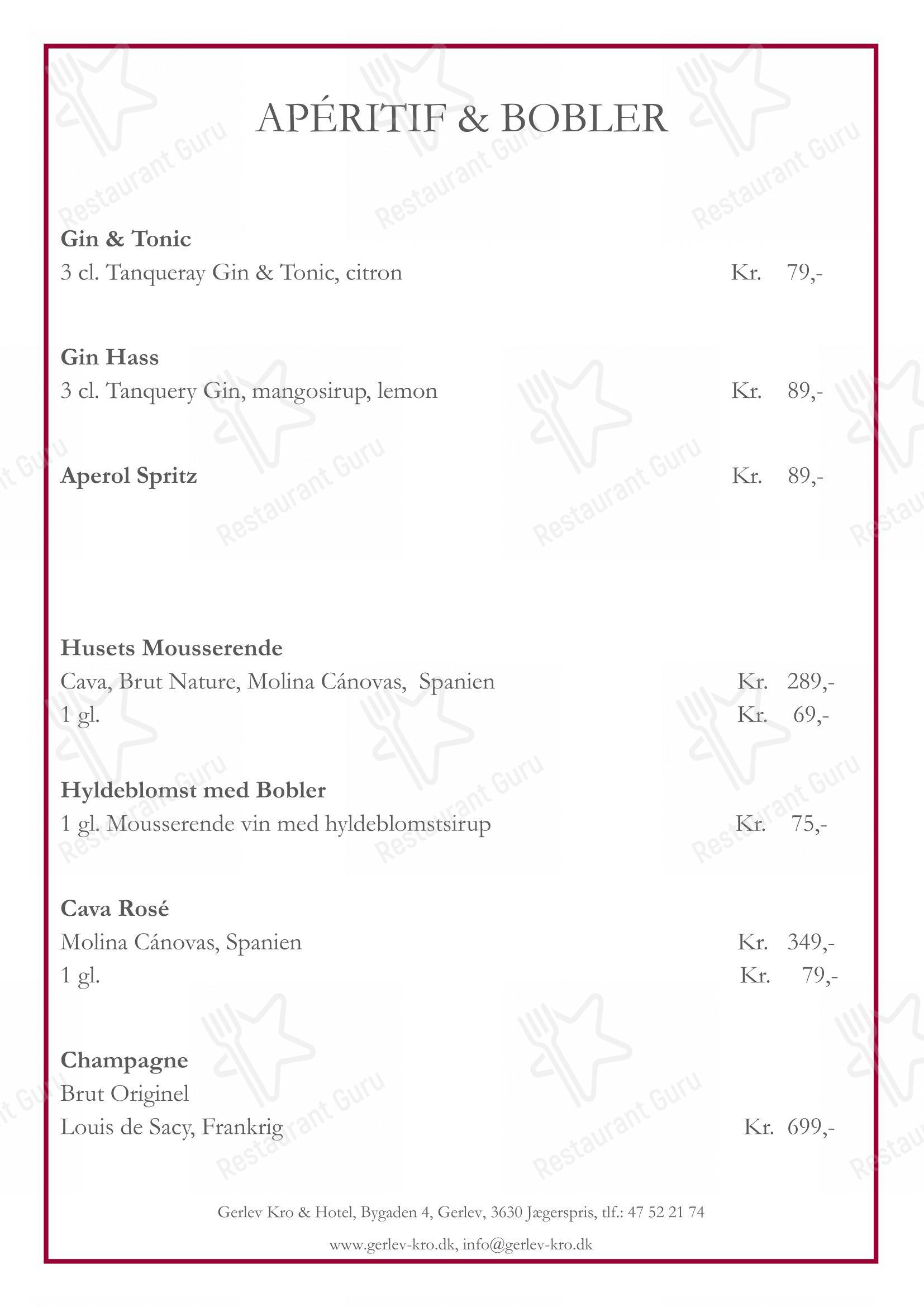 Menu at Gerlev Kro og Hotel restaurant, Denmark