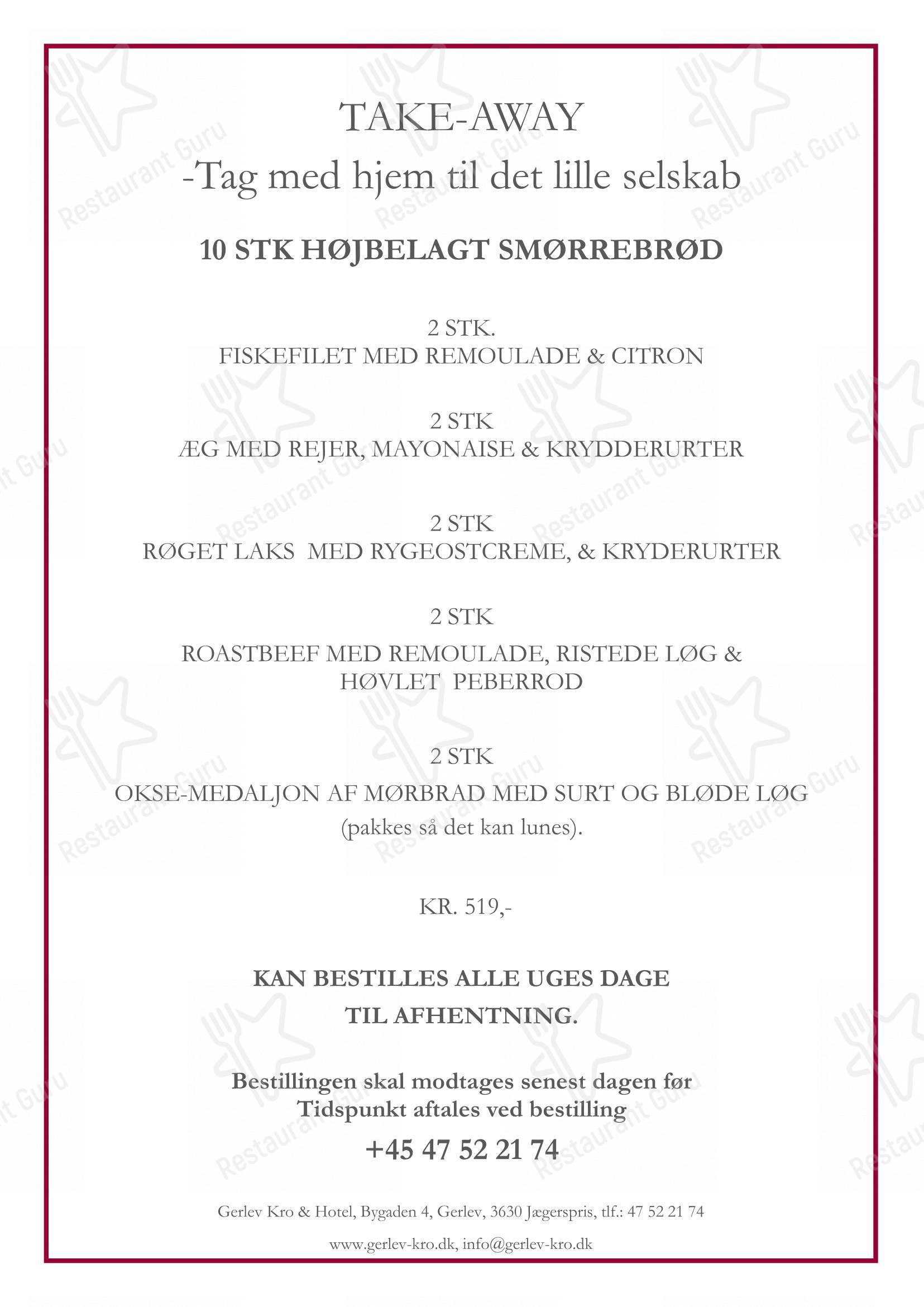 Menu at Gerlev Kro og Hotel restaurant, Denmark