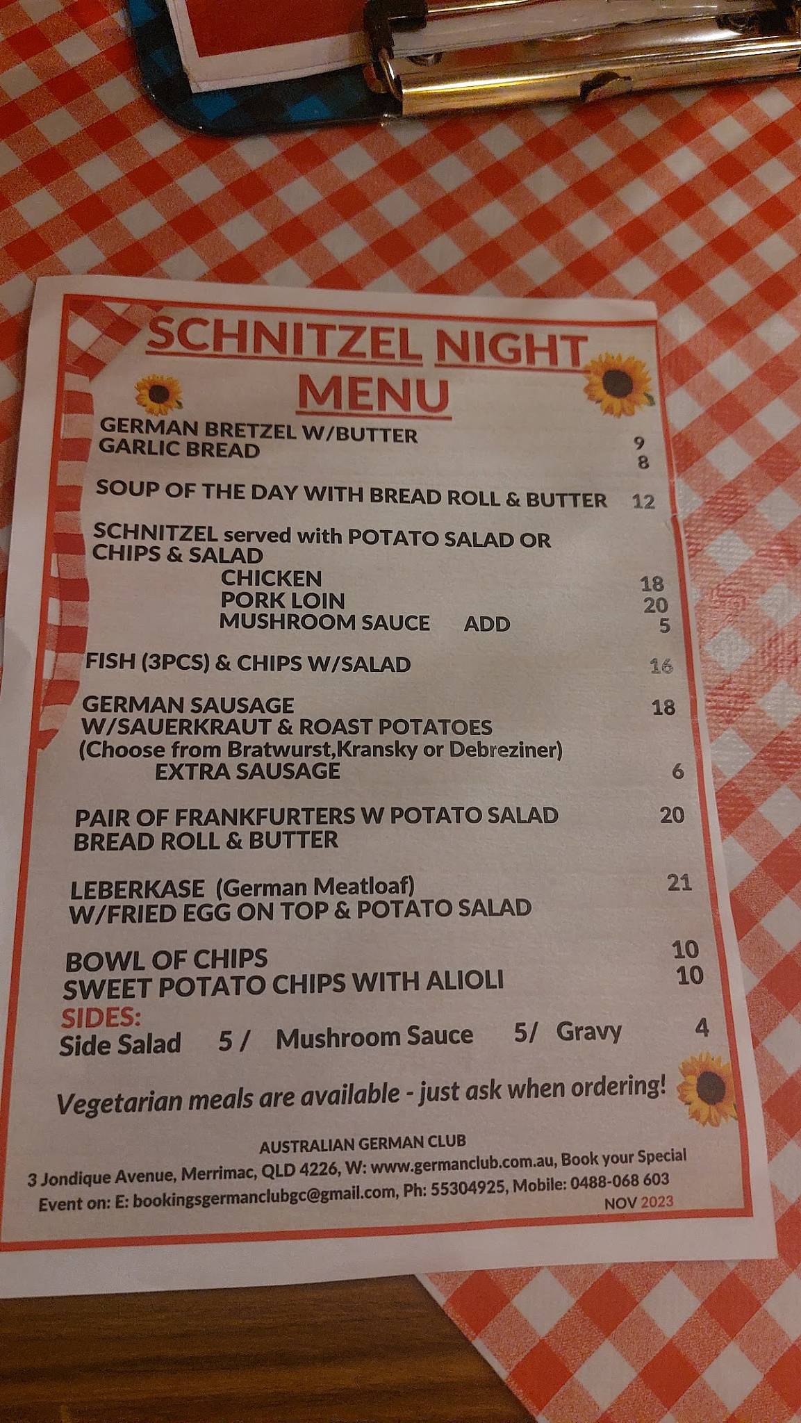 Menu at German Club Gold Coast, Merrimac