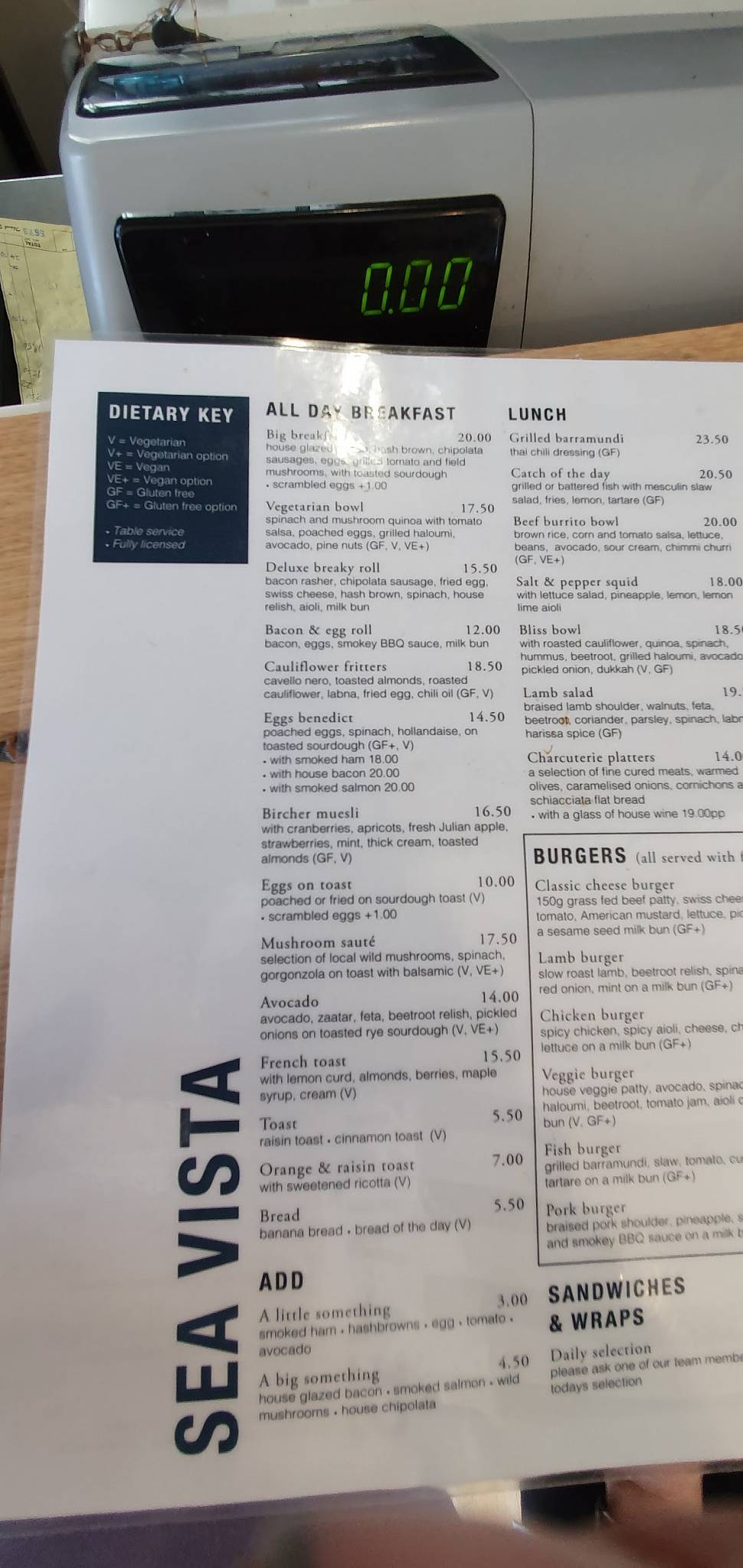 Menu at Sea Vista Cafe, Gerringong, 2/1 Noble St