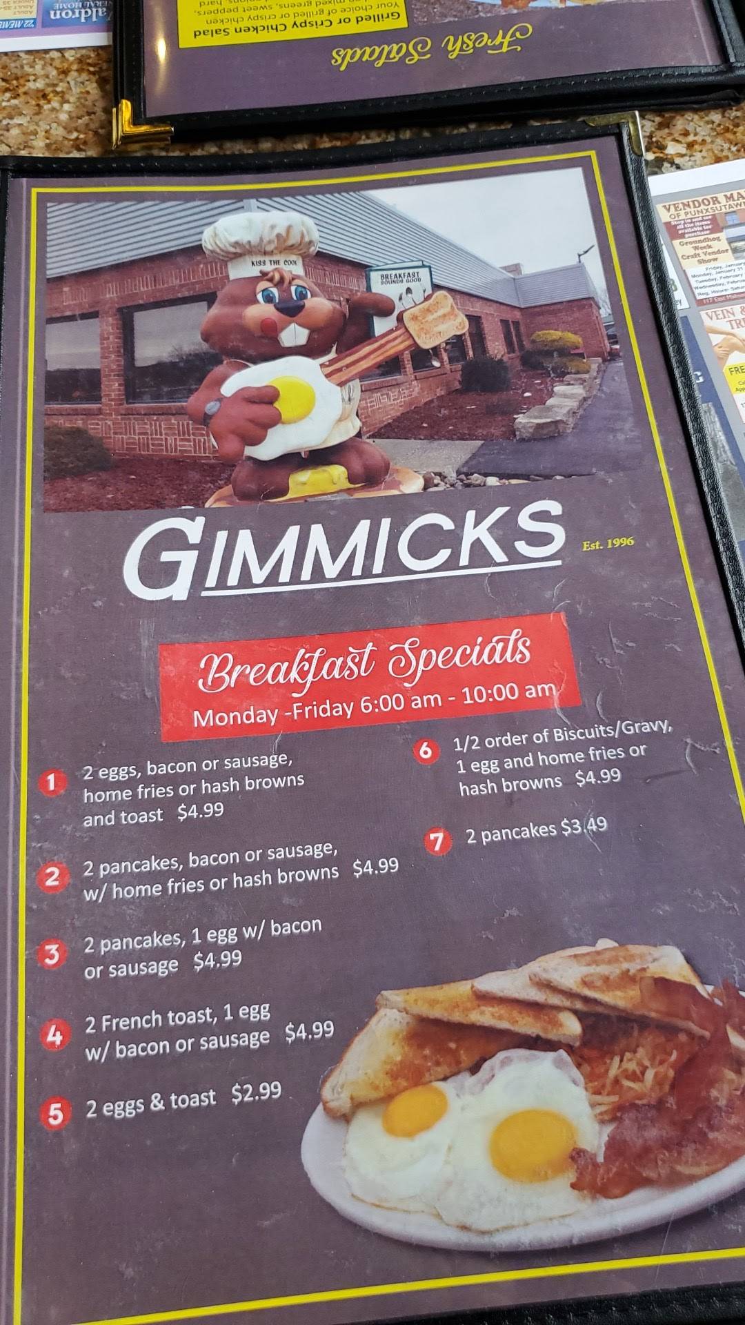 Menu at Gimmicks Restaurant, Punxsutawney