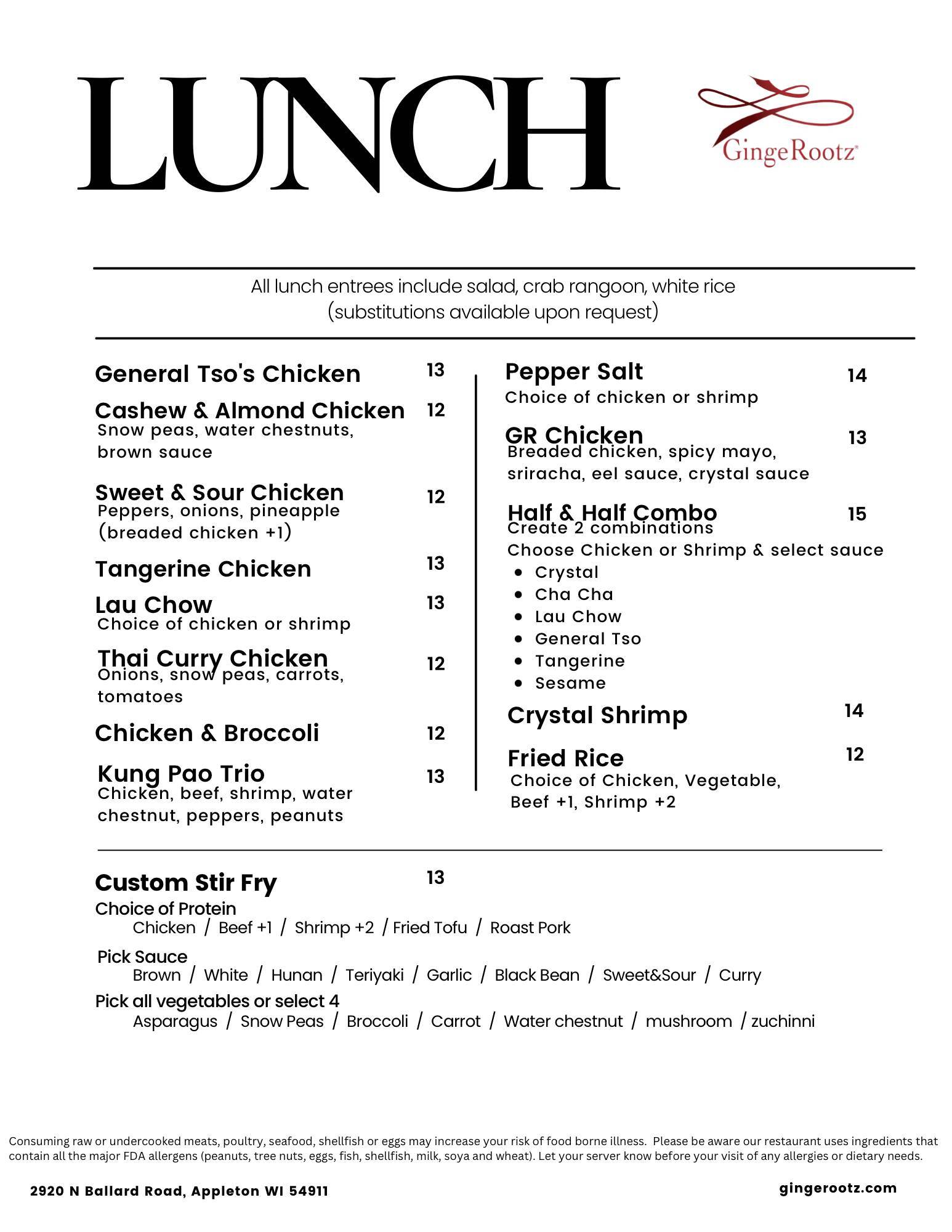 Menu at GingeRootz Asian Grille restaurant, Appleton