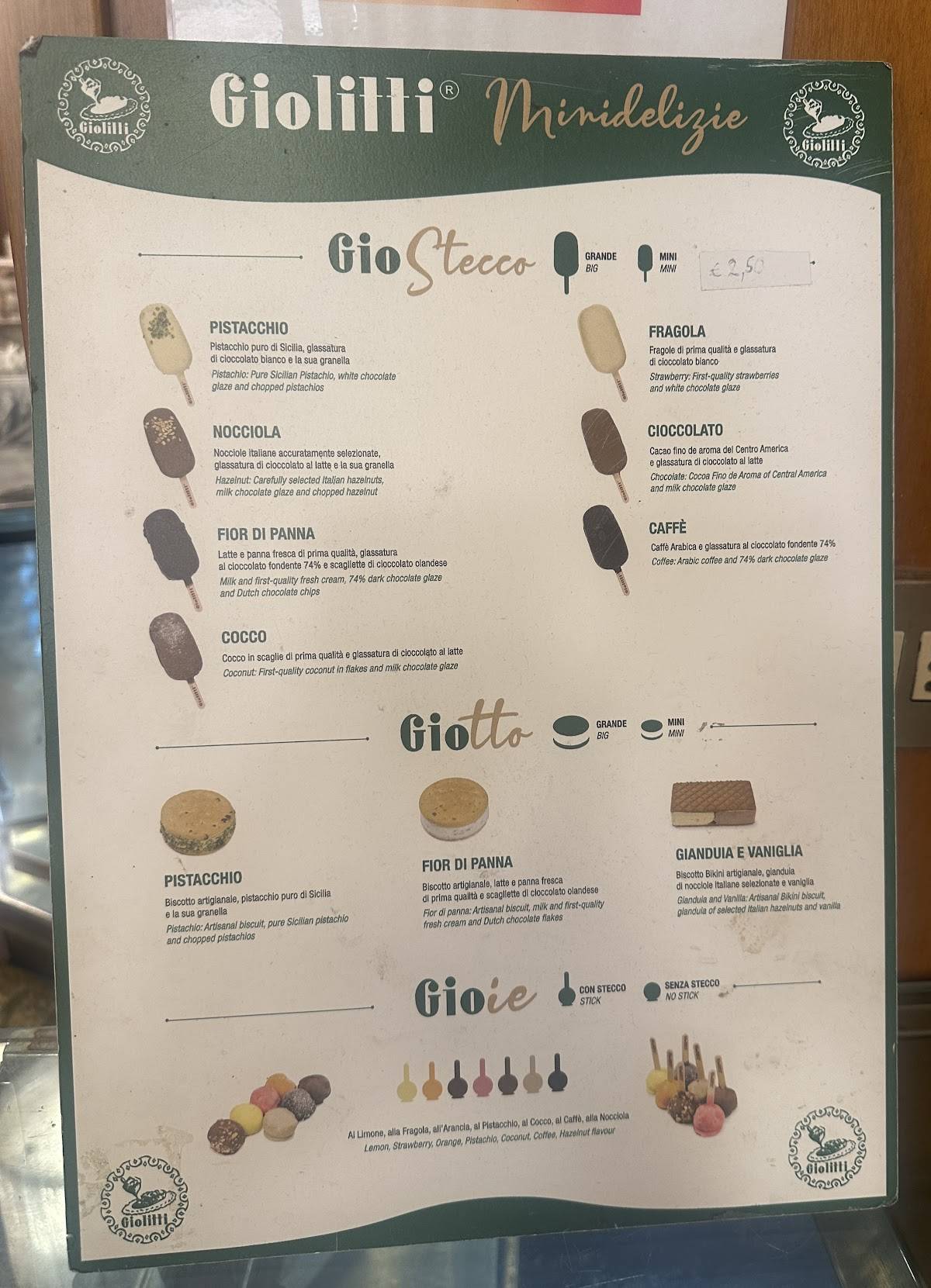 Menu da Giolitti caffè bar, Roma, Via degli Uffici del Vicario