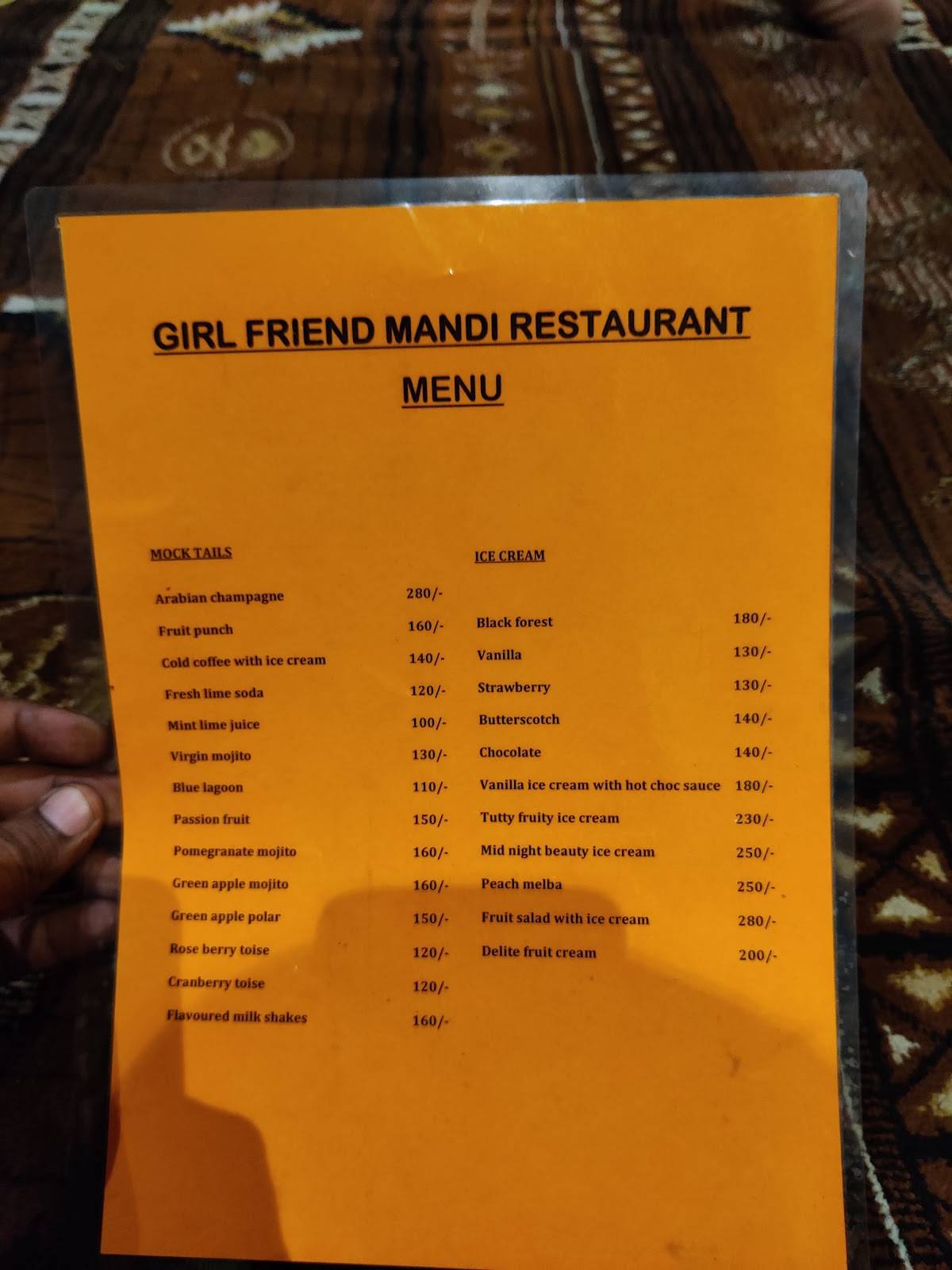 Menu at Girlfriend Mandi, Hyderabad, H no 1