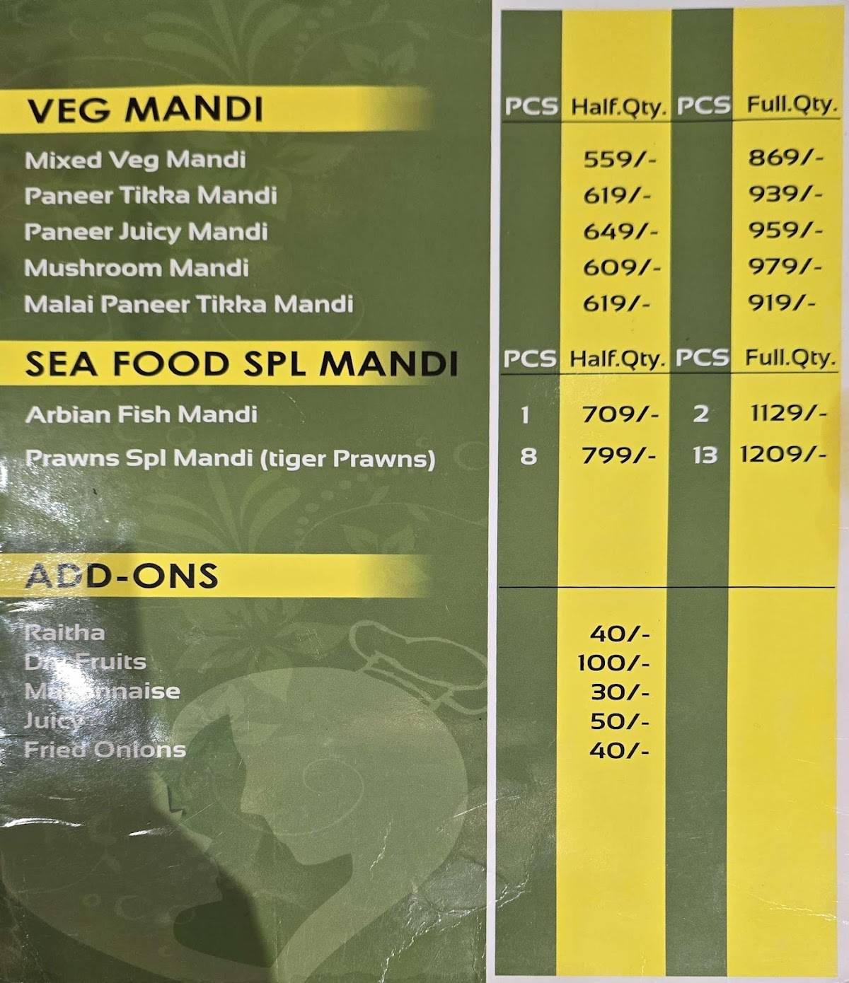 Menu at Girlfriend Mandi, Hyderabad, High Tech High Tech