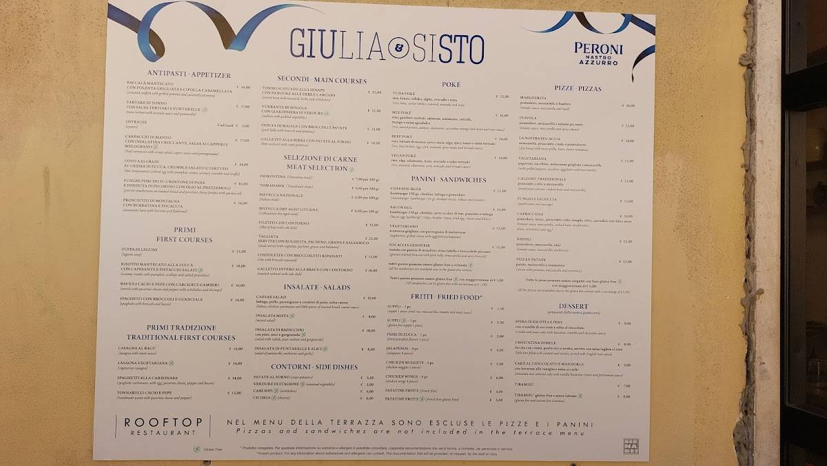 Menu at Giulia&Sisto Roma restaurant, Rome