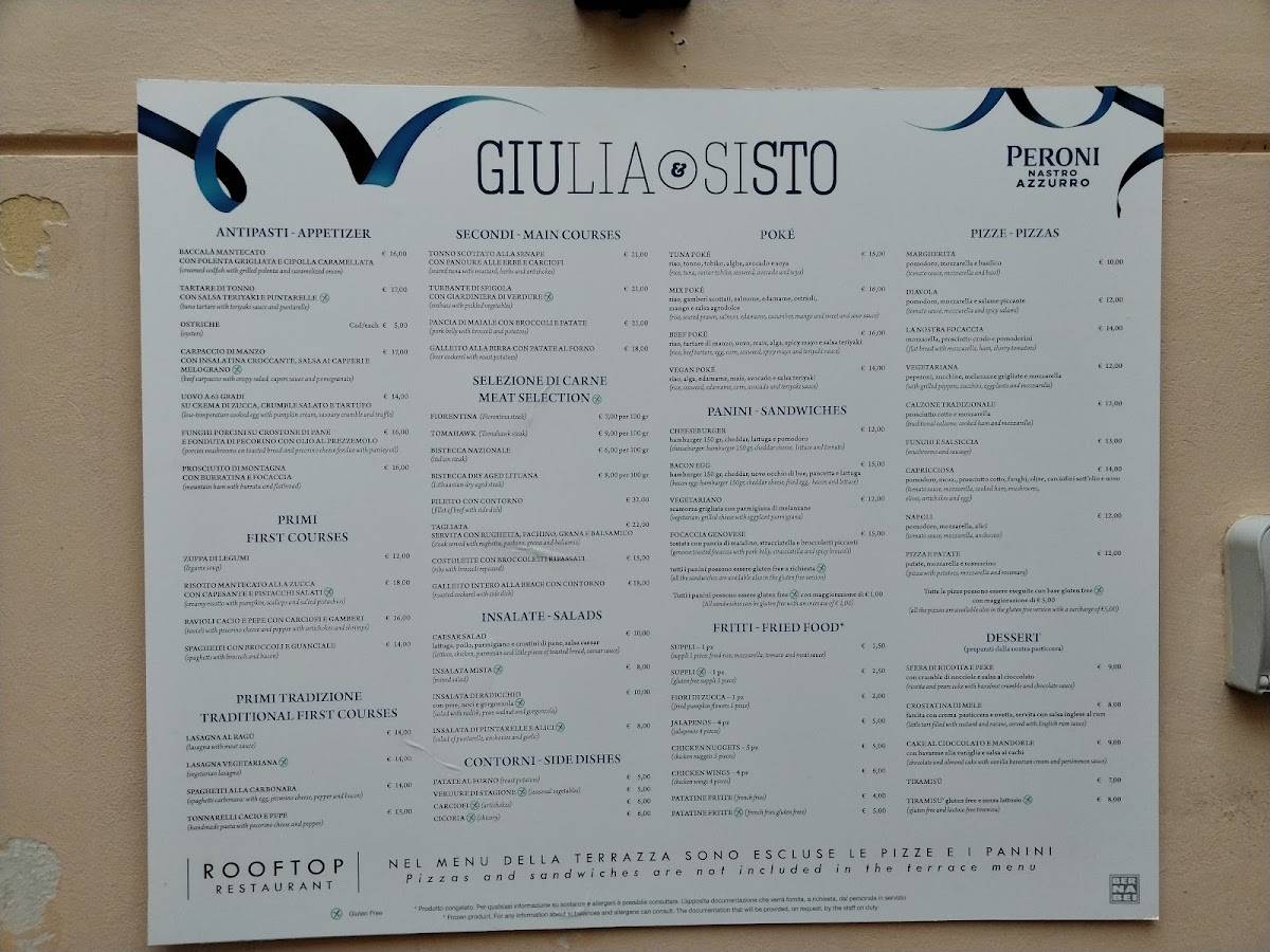 Menu at Giulia&Sisto Roma restaurant, Rome