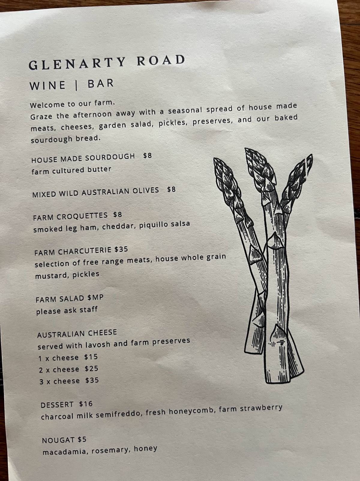 Menu at Glenarty Road restaurant, Karridale