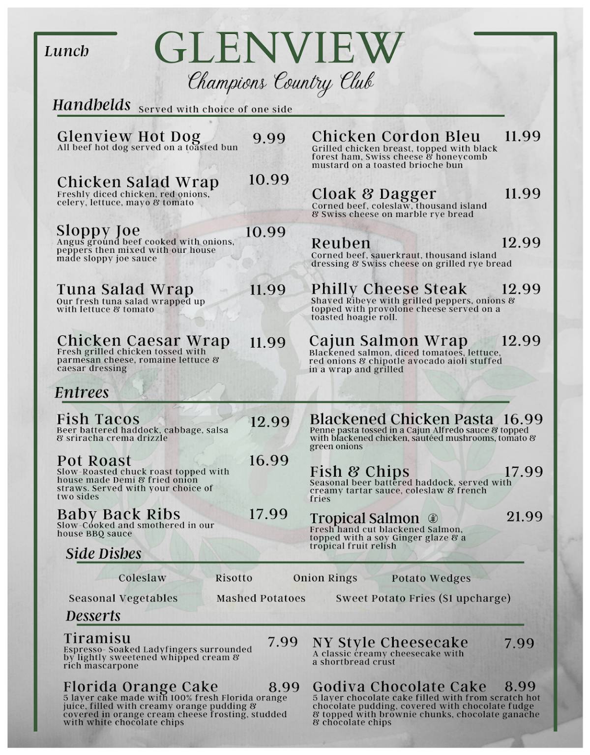 Menu at Glenview Country Club, The Villages
