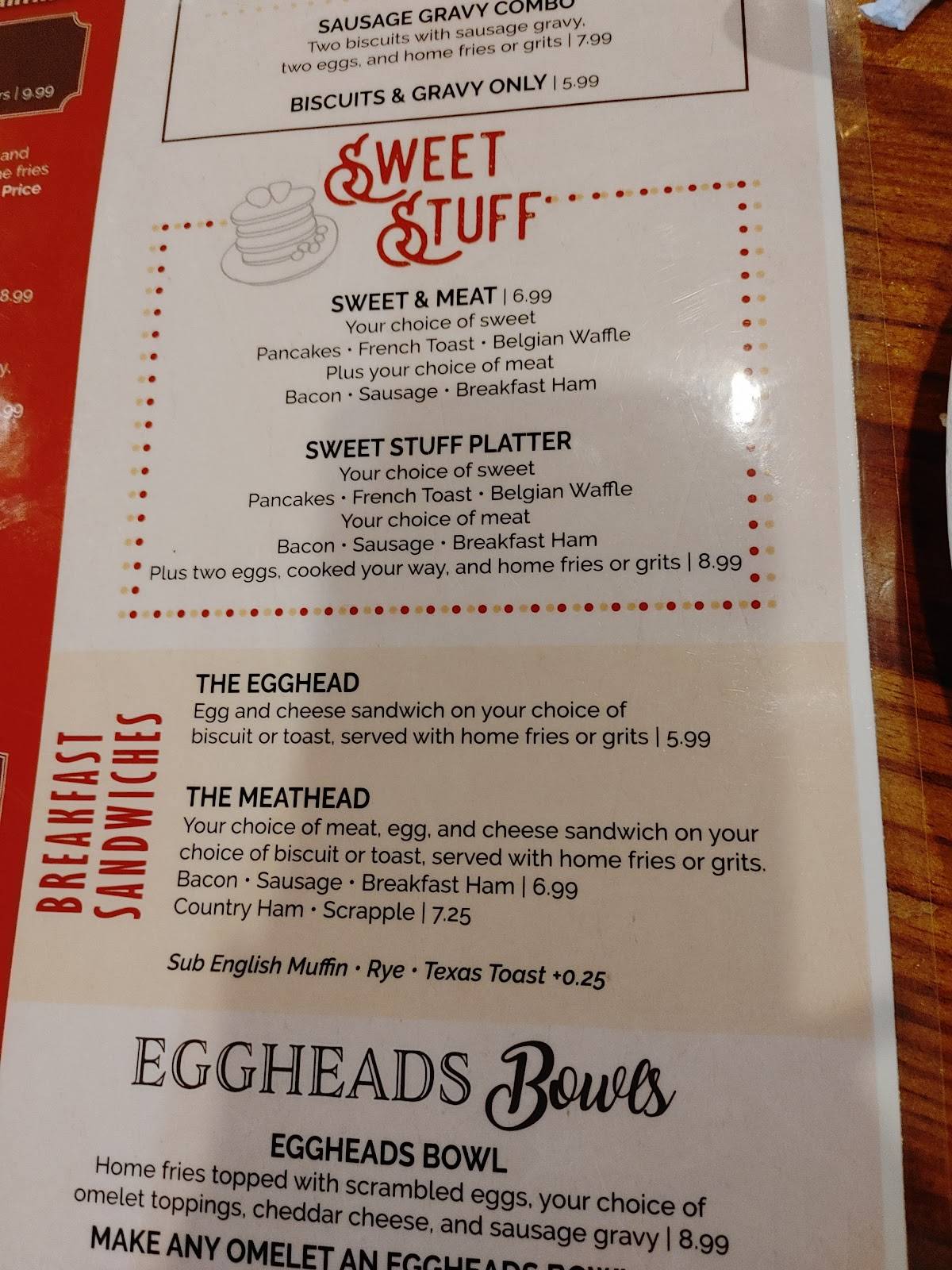 Menu at Eggheads Diner restaurant, Gloucester Point
