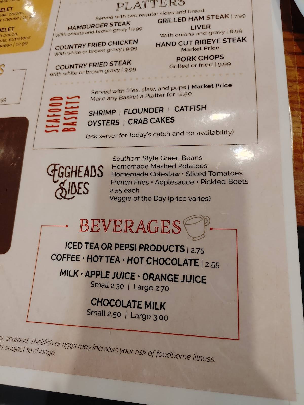 Menu at Eggheads Diner restaurant, Gloucester Point