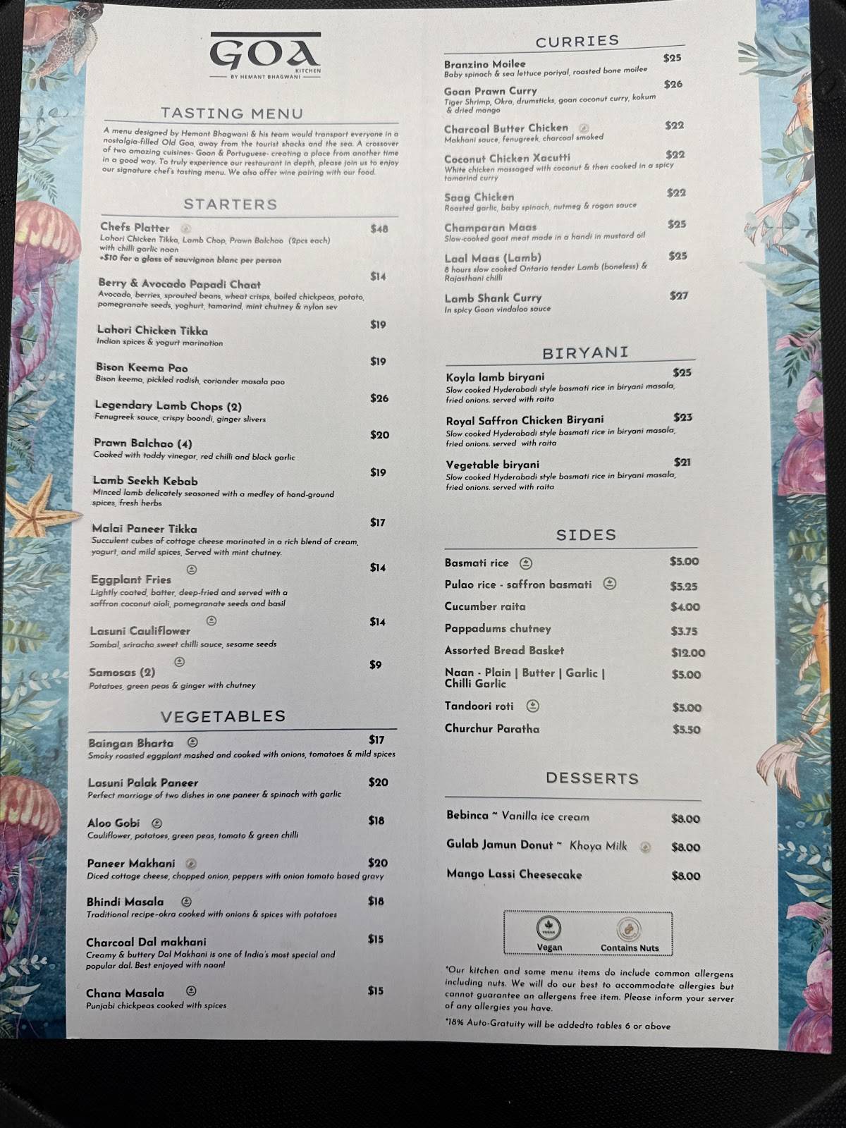 Menu at Goa Indian Farm Kitchen restaurant, Toronto, Bayview Ave