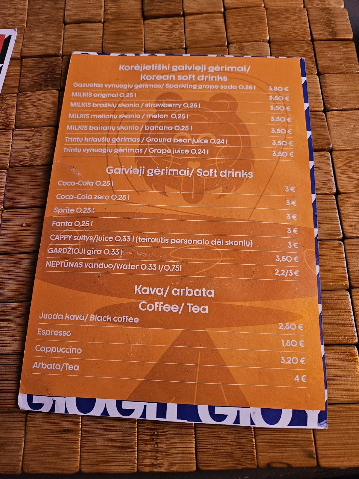 Menu at Gogi Guy restaurant, Vilnius