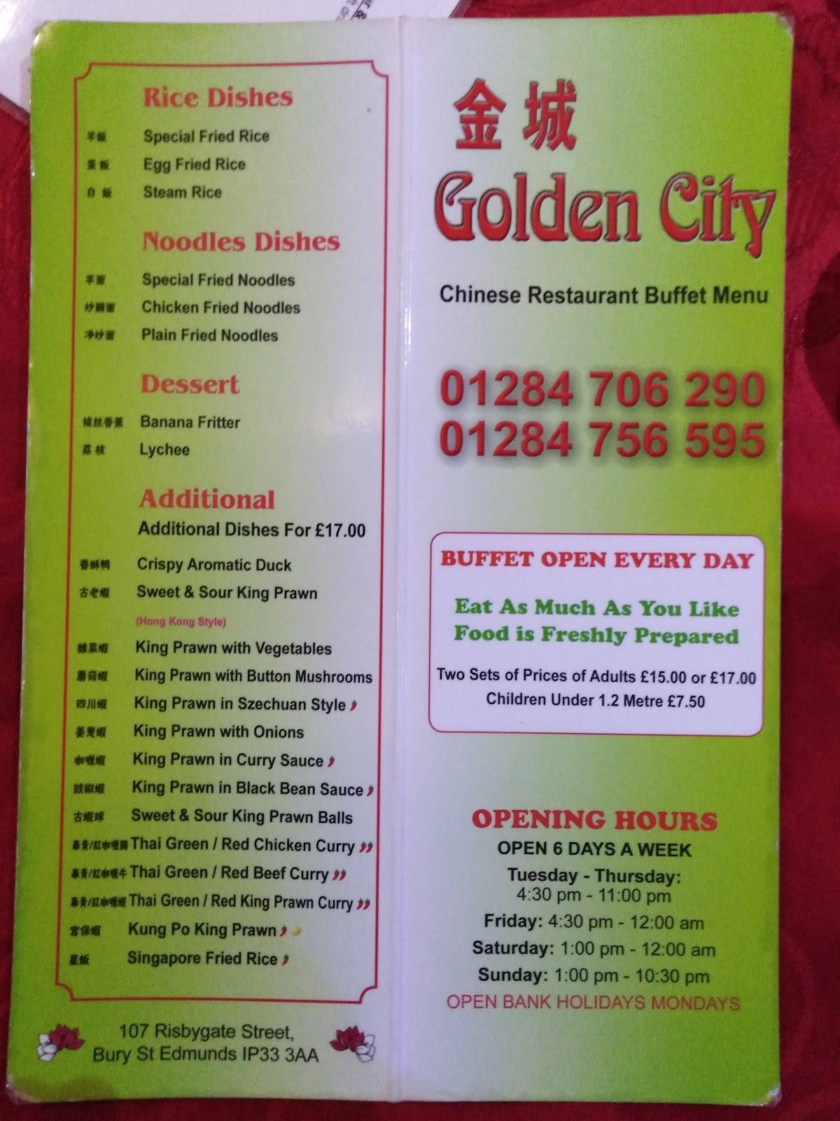 Menu at Golden City restaurant, Bury Saint Edmunds