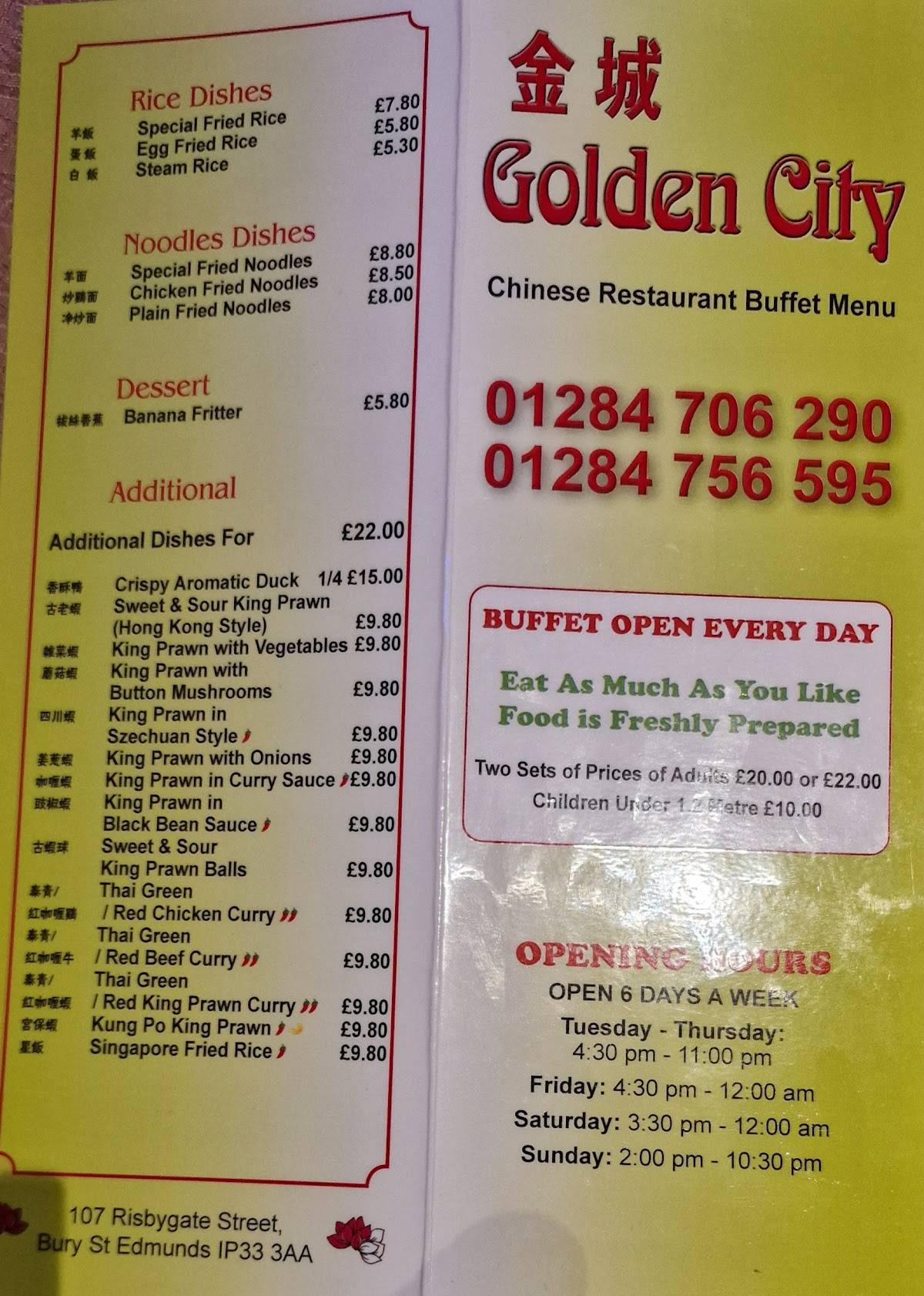 Menu at Golden City restaurant, Bury Saint Edmunds