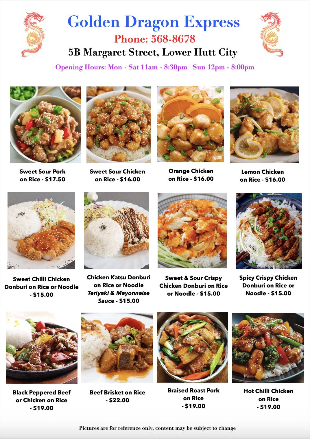Menu at Golden Dragon Express restaurant, Wellington