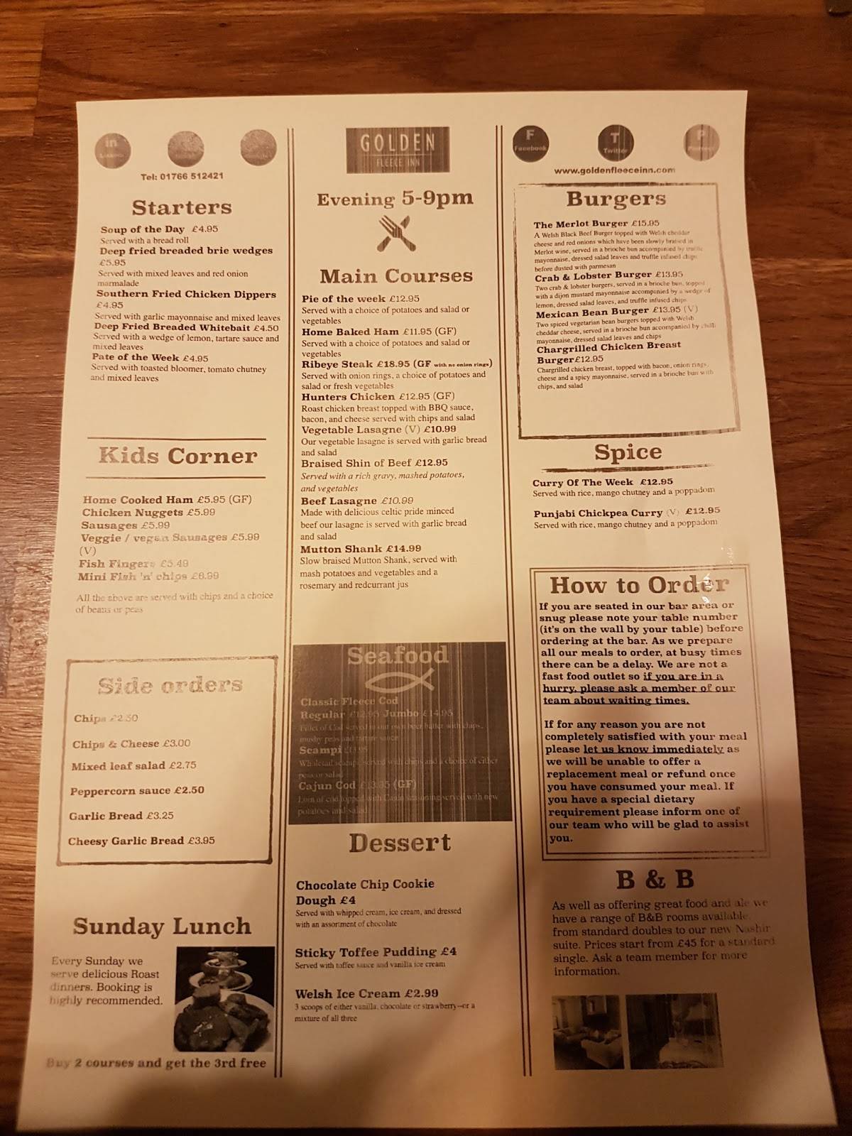 Menu at Golden Fleece Inn restaurant, Porthmadog