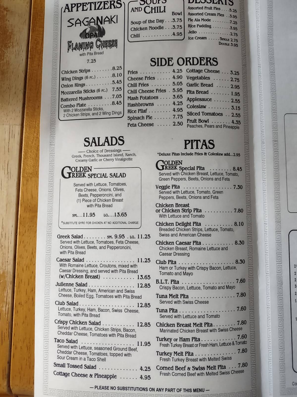 Menu at Golden Greek restaurant, Mount Clemens