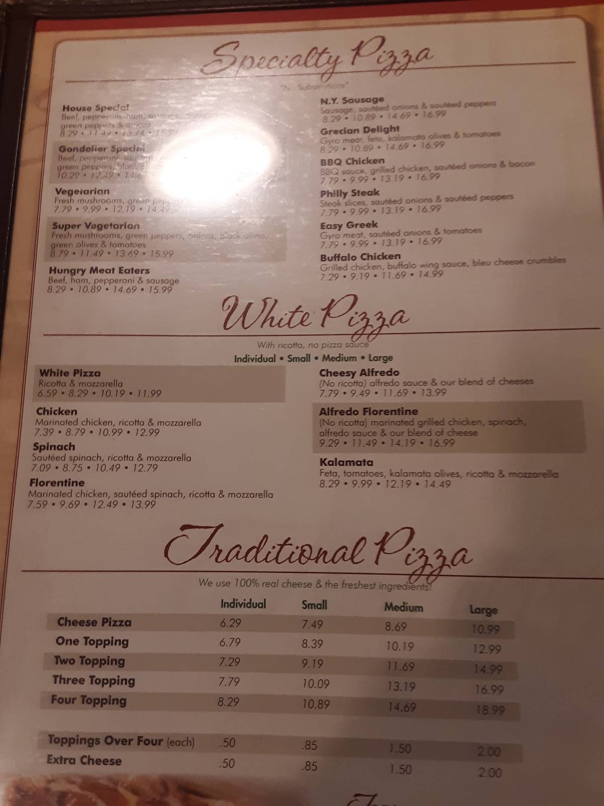 Menu at Gondolier Pizza pizzeria, Knoxville, Mountain Grove Dr