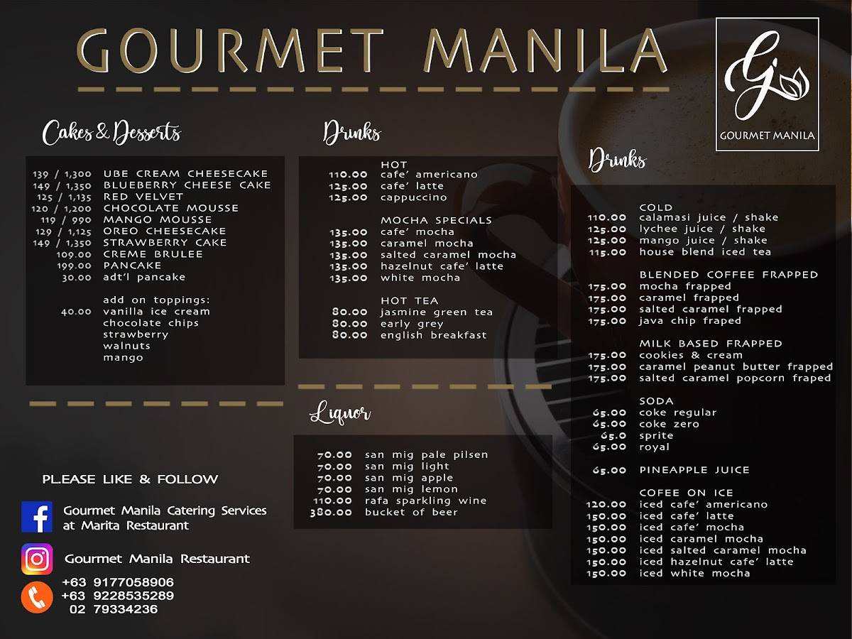 Menu at Gourmet Manila restaurant, Marikina