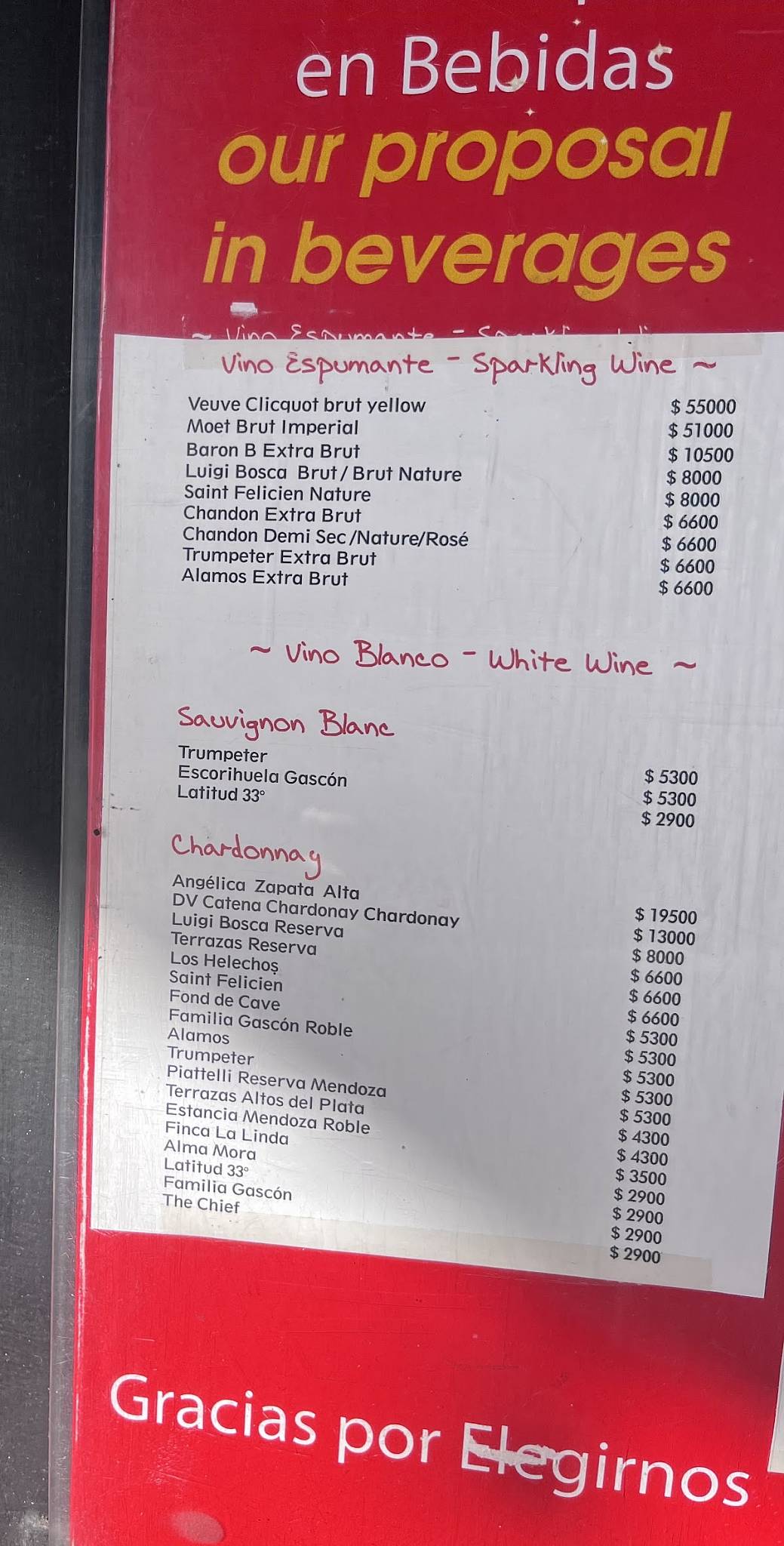 Carta del restaurante Gourmet Porteño, Buenos Aires