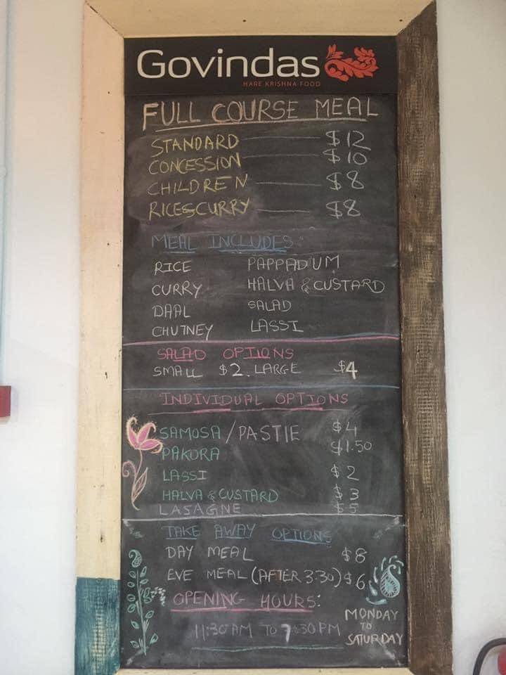 Menu at Govinda's Hare Krishna Restaurant, Northbridge
