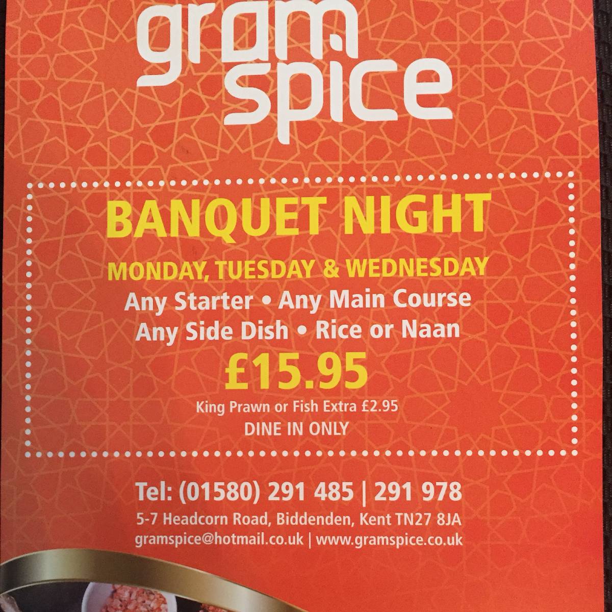 Menu at Gram Spice, Indian Restaurant, Biddenden, Smarden