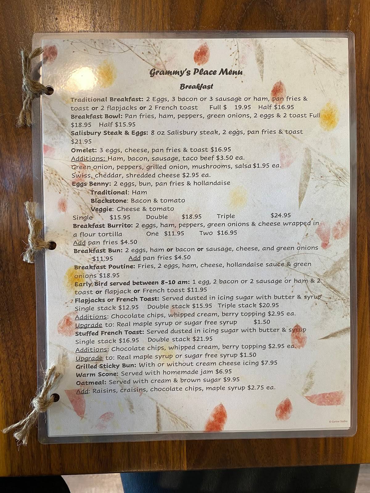 Menu at Grammy's Place cafe, Chilliwack