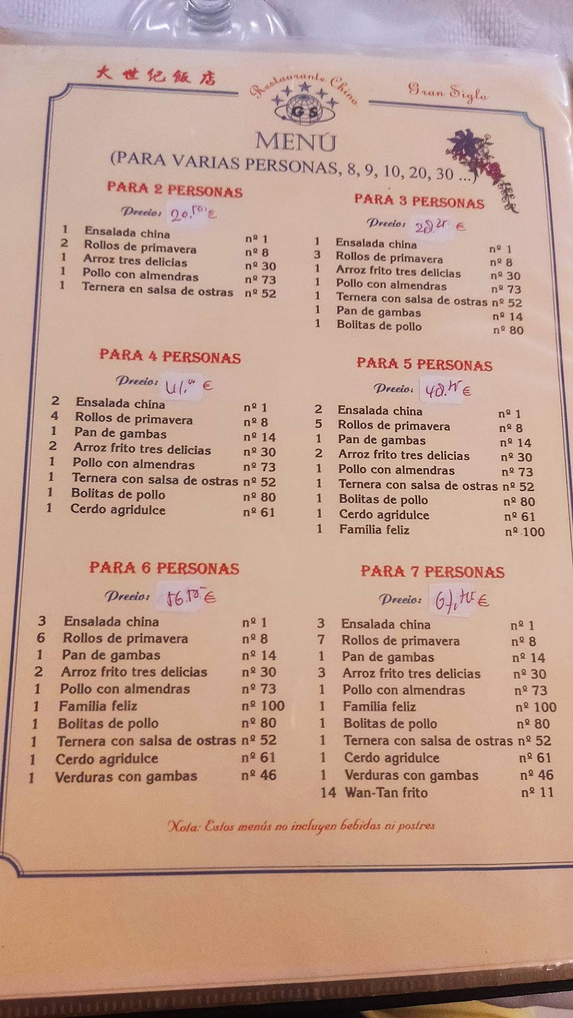 Carta del restaurante Gran Siglo, Tudela