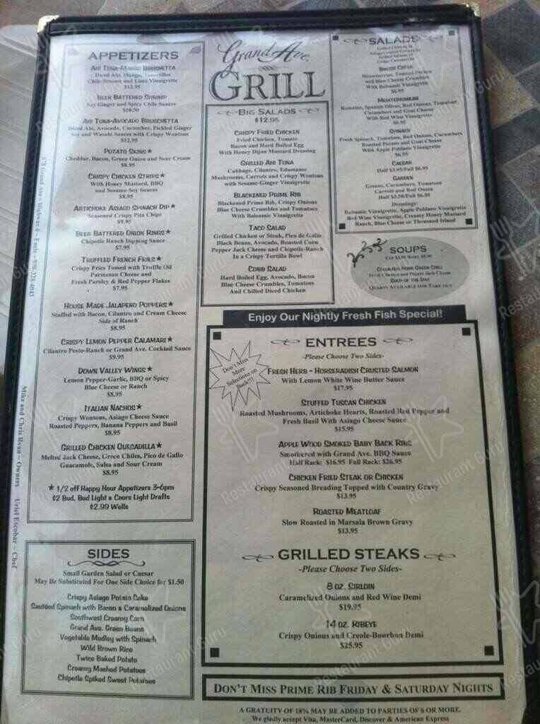 Menu at Grand Avenue Grill restaurant, Eagle