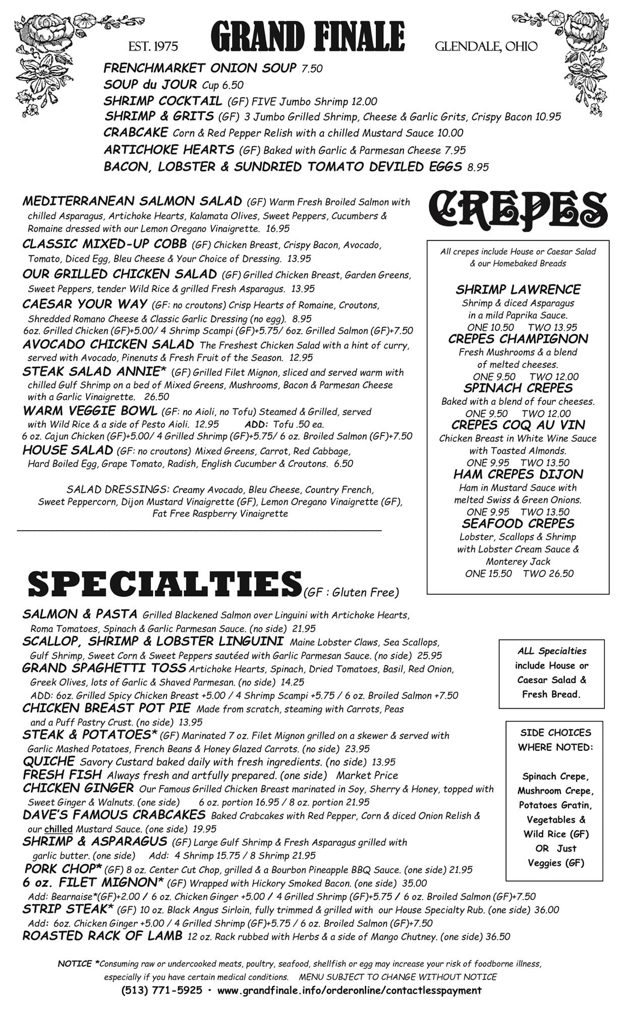 Menu at Grand Finale Restaurant, Glendale