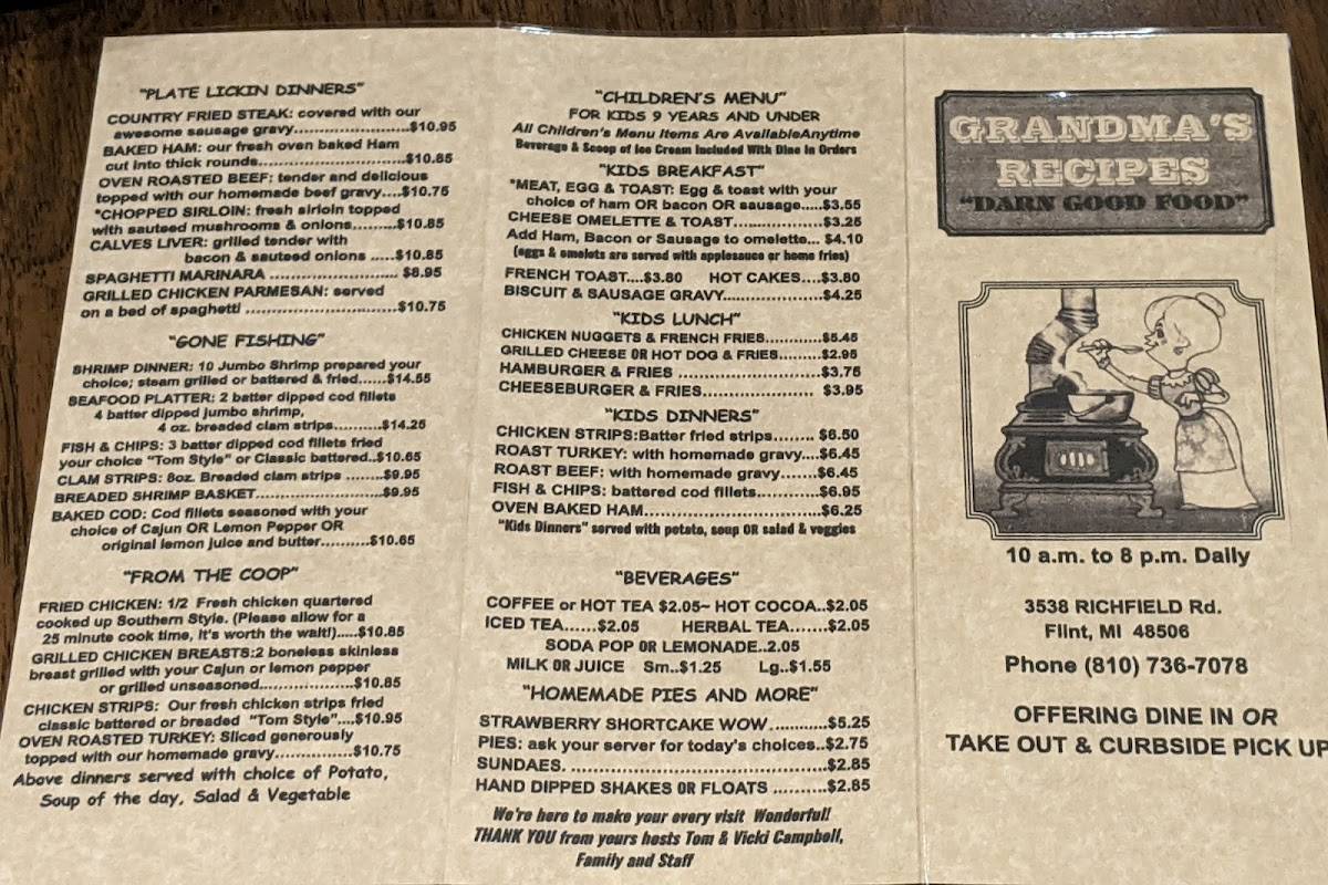 Menu at Grandma's Recipes restaurant, Flint
