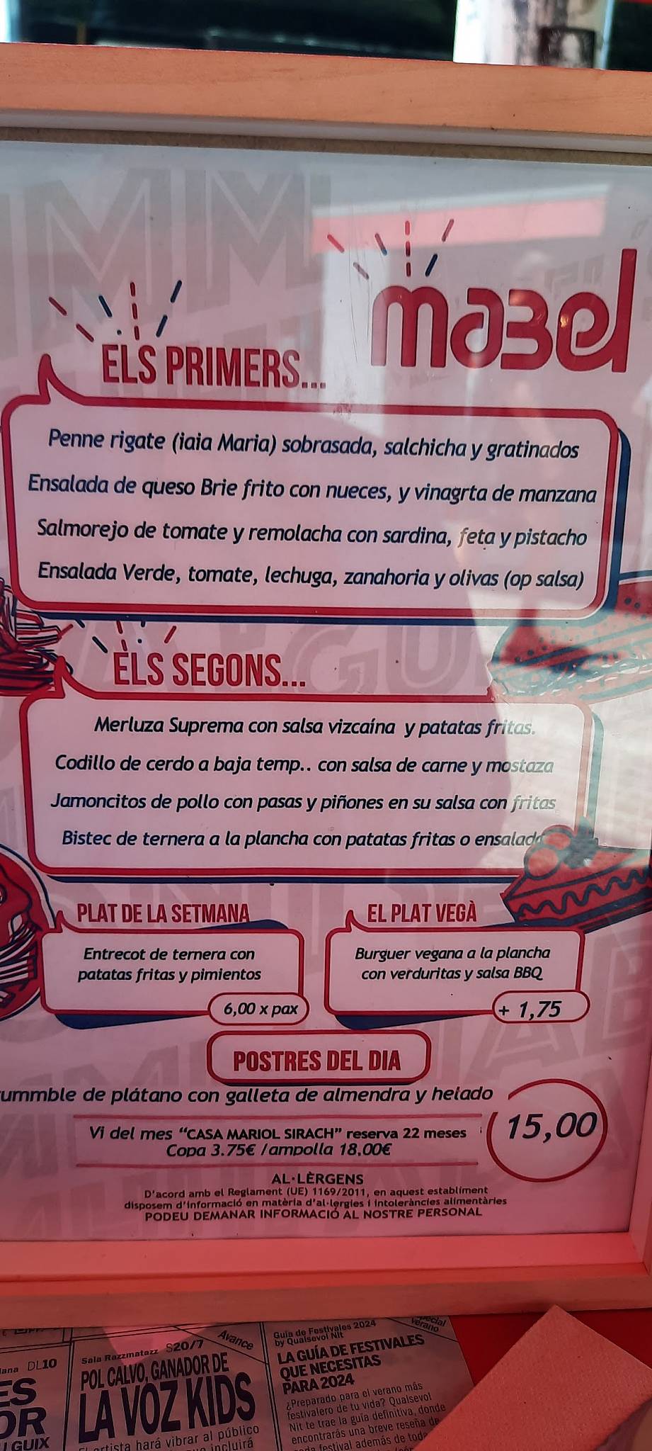 Menu at Granja Mabel restaurant, Barcelona