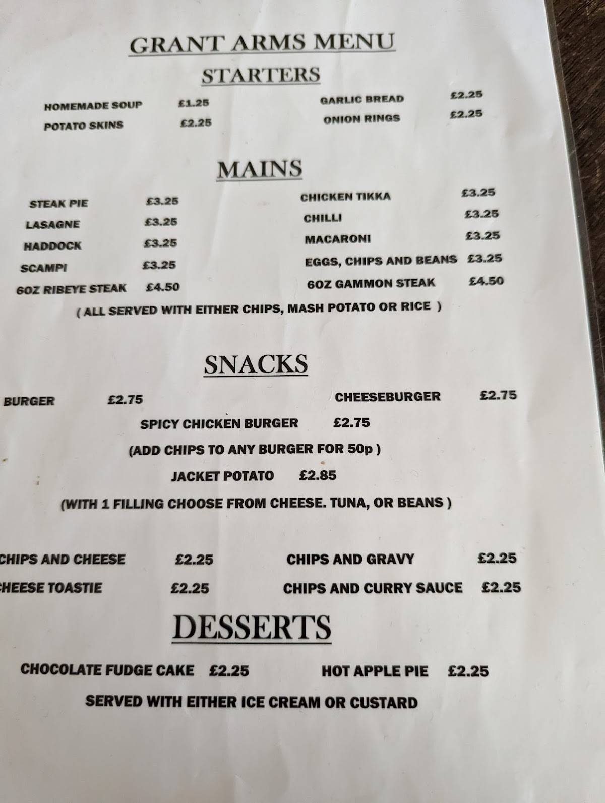Menu at Grant Arms pub & bar, Glasgow