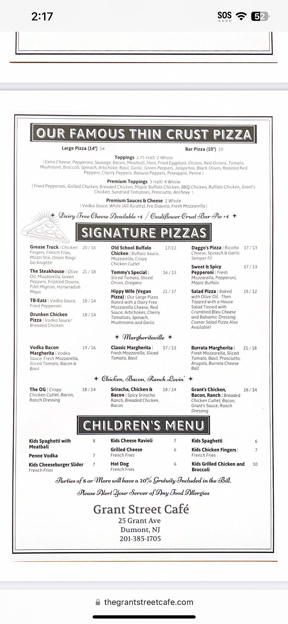 Menu at Grant Street Cafe, Dumont, 25 Grant Ave