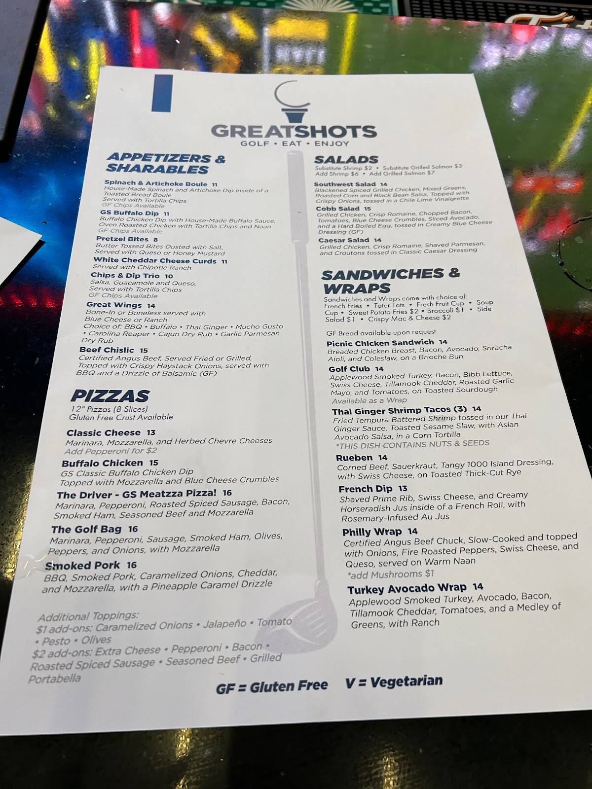 Menu at Great Shots pub & bar, Sioux Falls