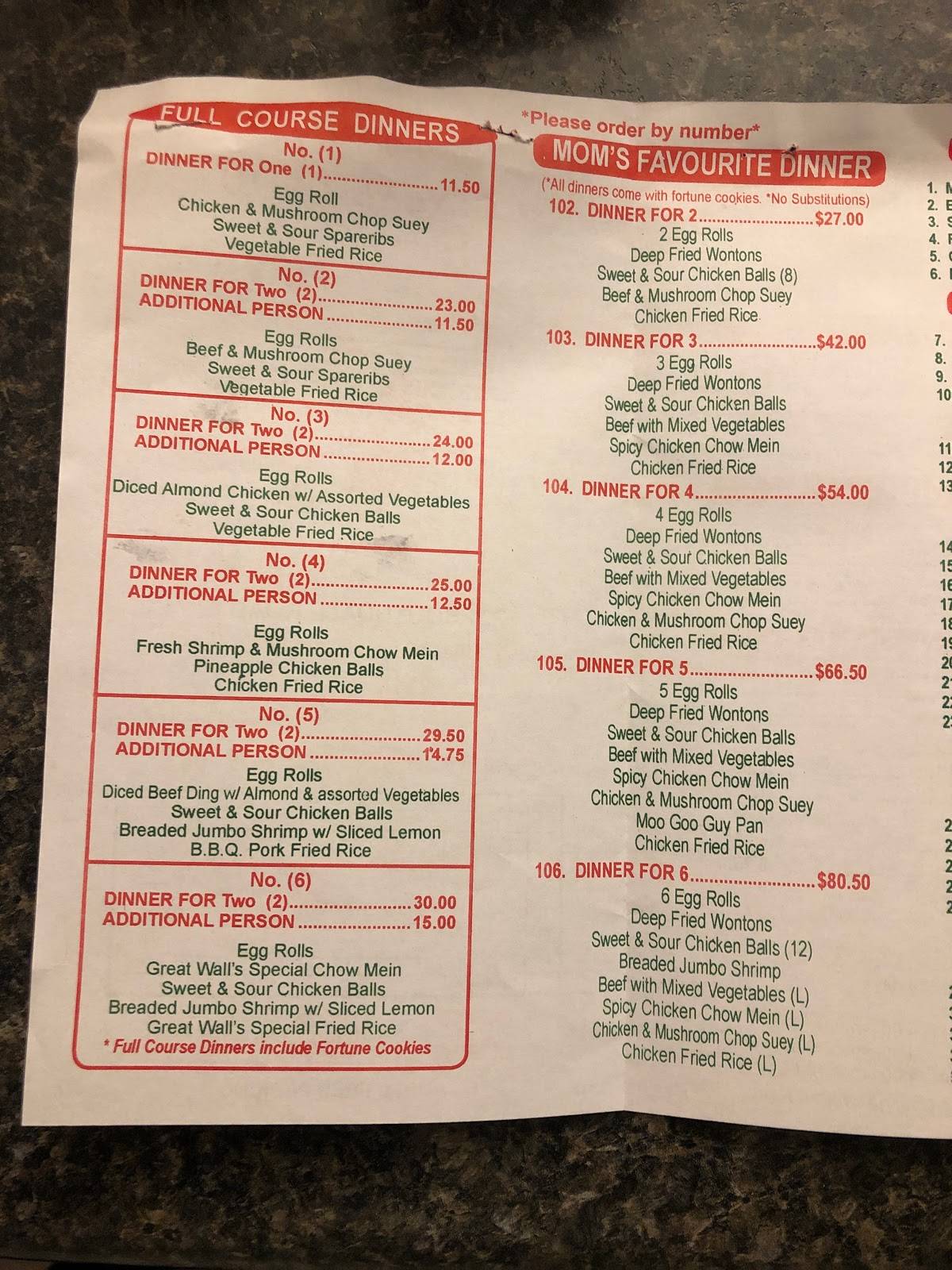 Menu at Great Wall Chinese Food restaurant, London