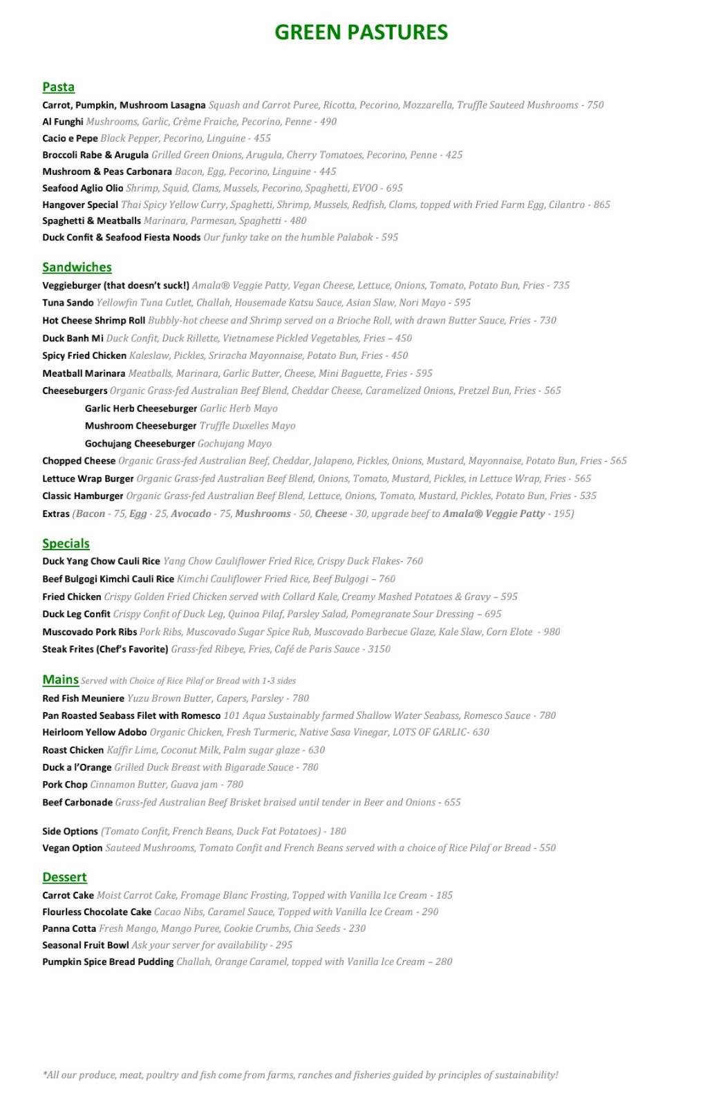 Menu at Green Pastures restaurant, Mandaluyong