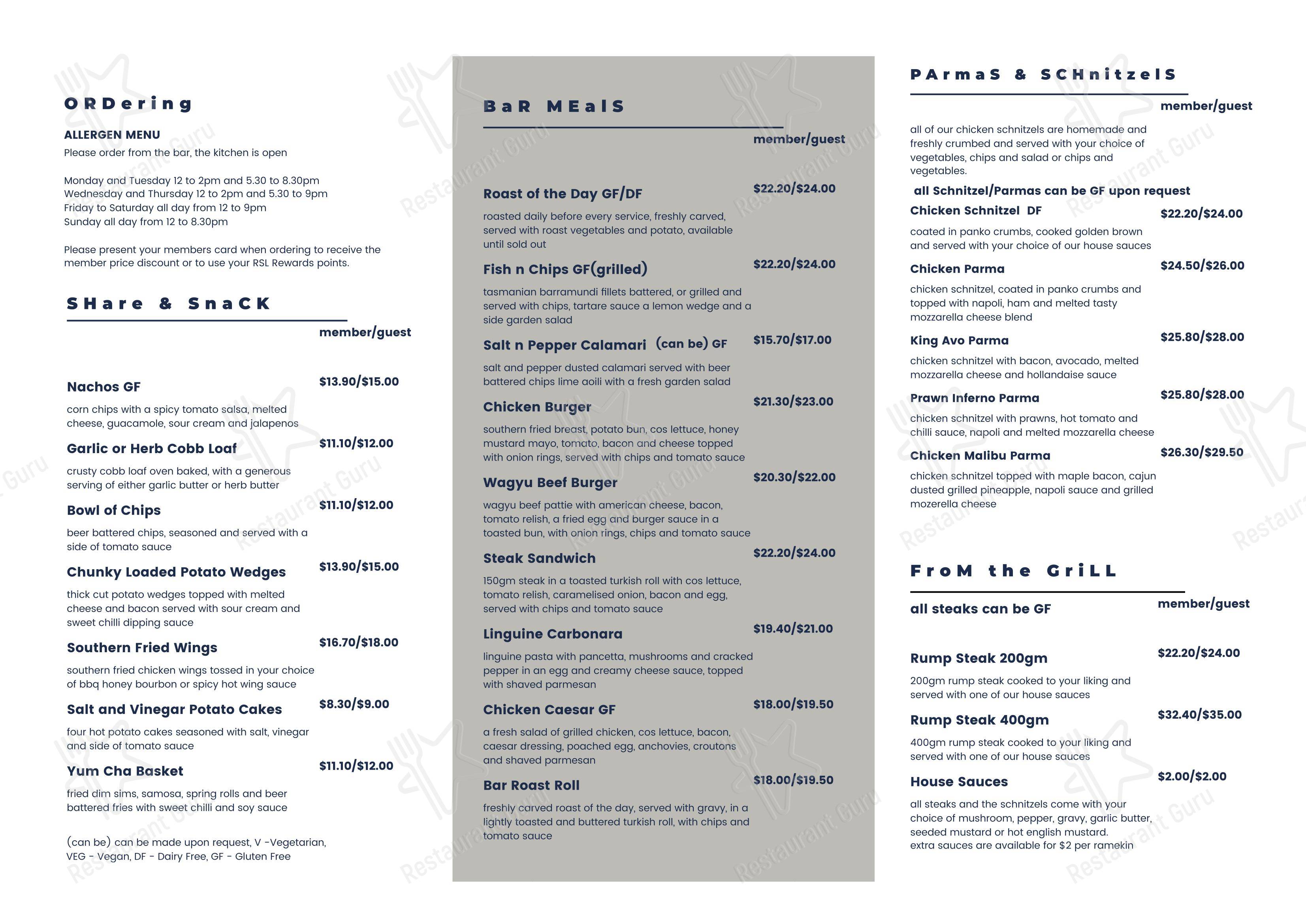 Menu at Greensborough RSL pub & bar, Greensborough