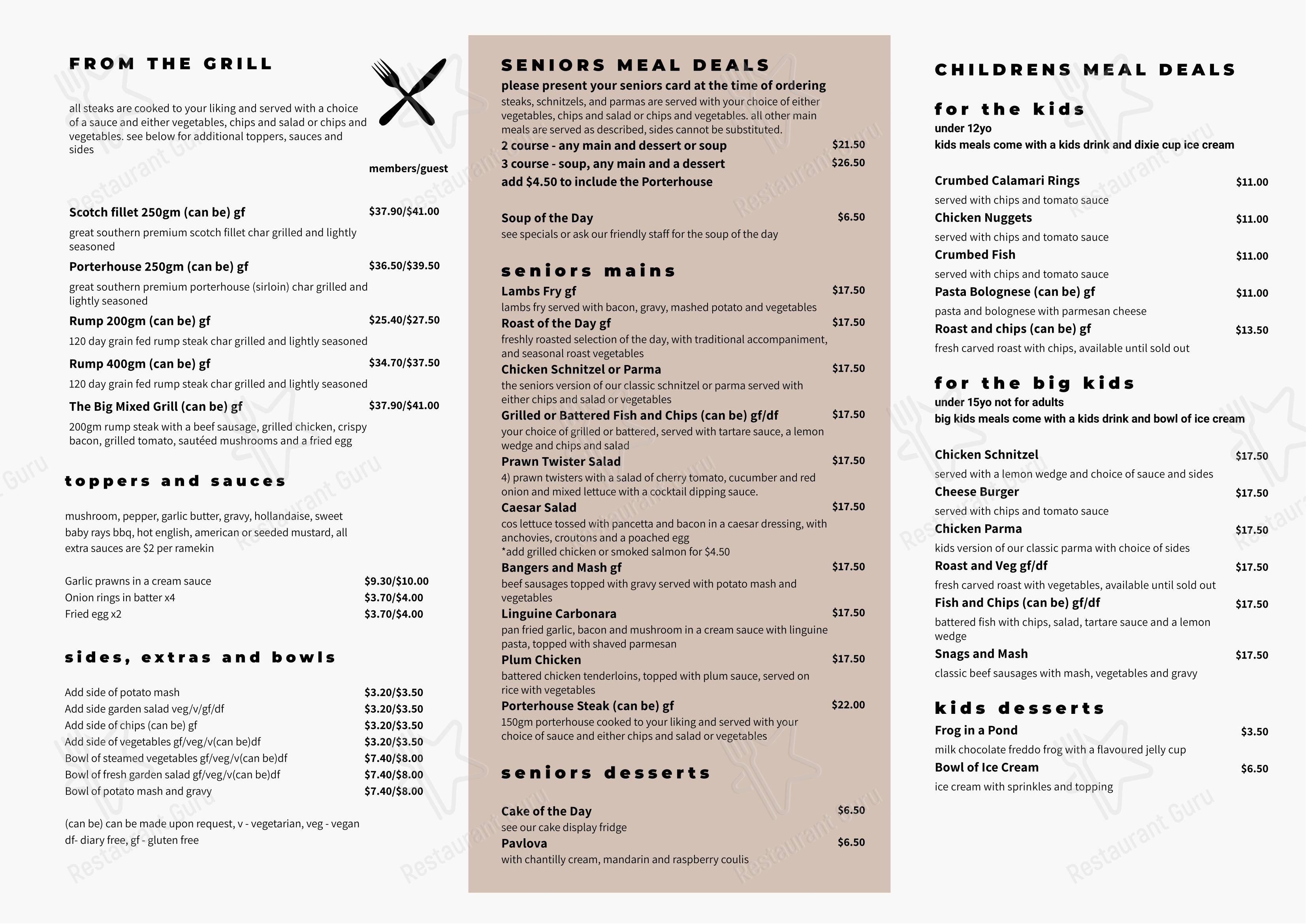Menu at Greensborough RSL pub & bar, Greensborough