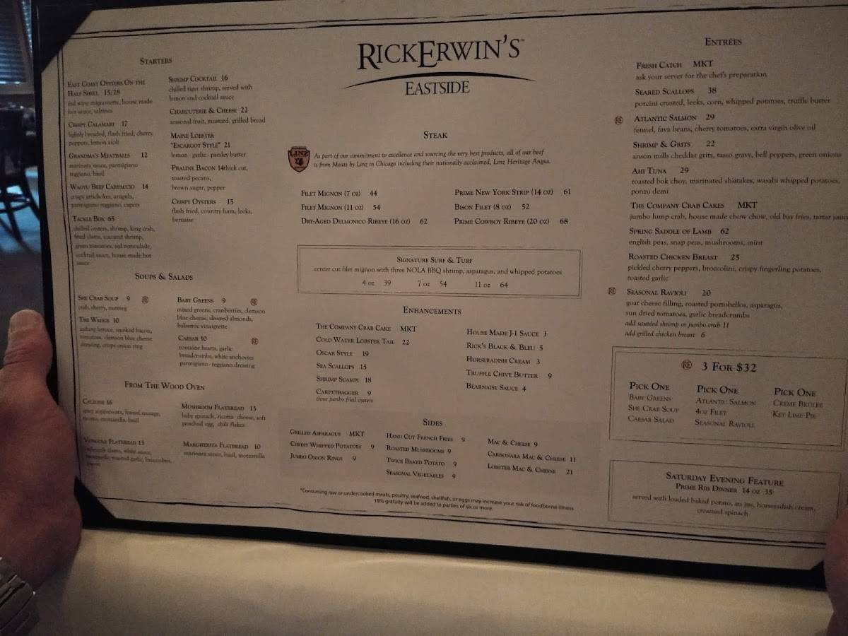 Menu at Rick Erwin's Eastside steakhouse, Greer