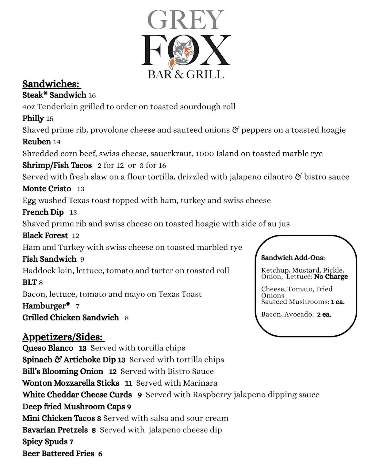 Menu at Grey Fox Bar & Grill, Mishicot