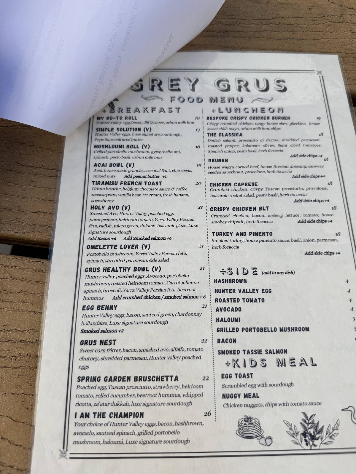 Menu at Grey Grus Cafe, Rozelle