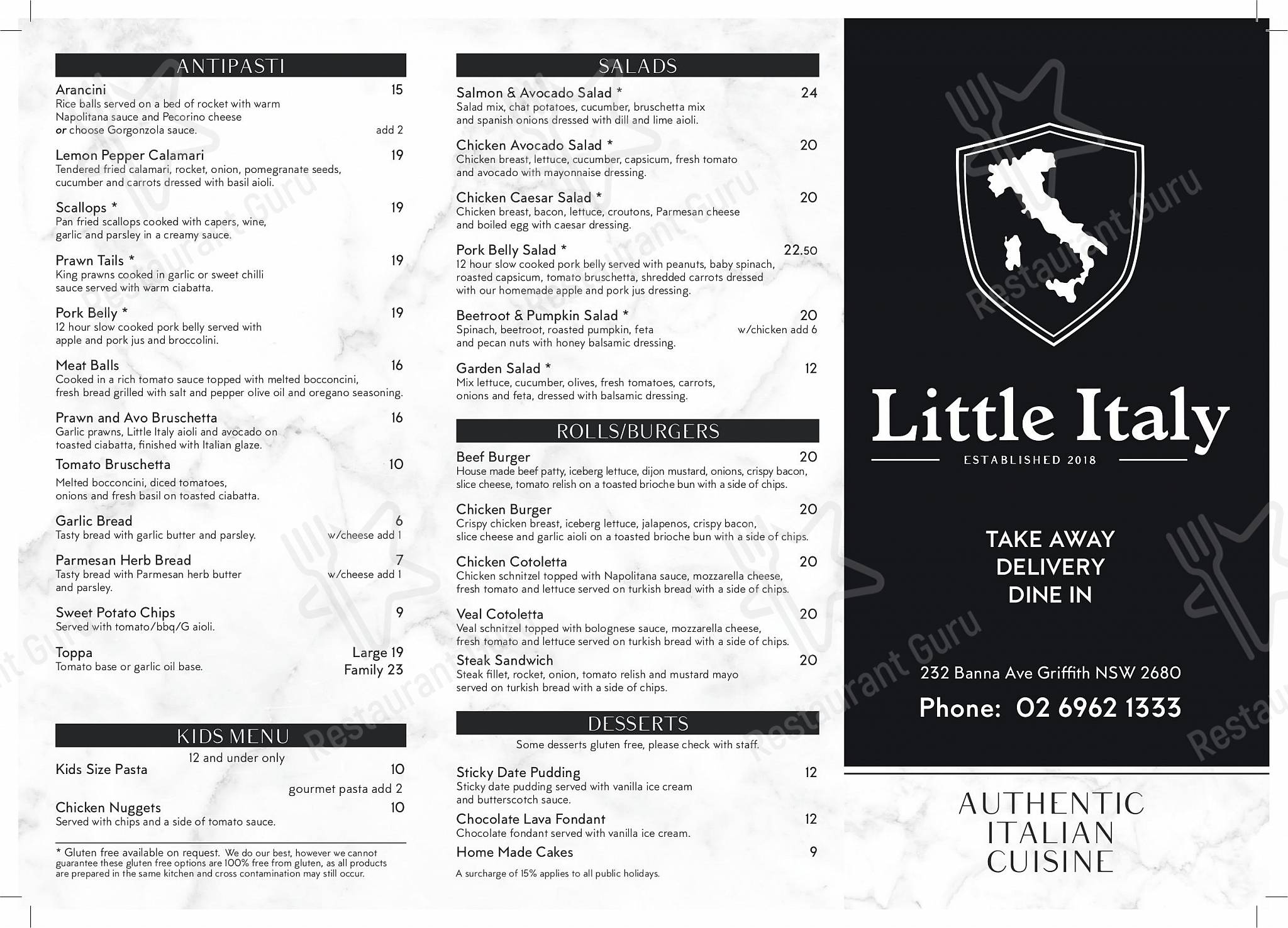 Menu at Little Italy Griffith restaurant, Griffith