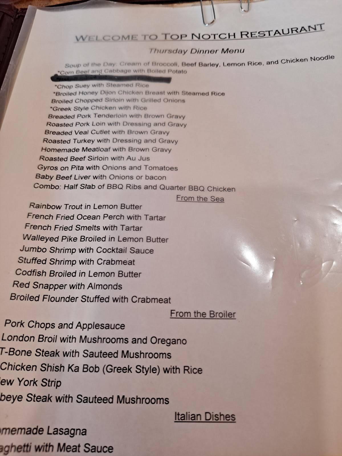 Menu at Top Notch Restaurant, Highland