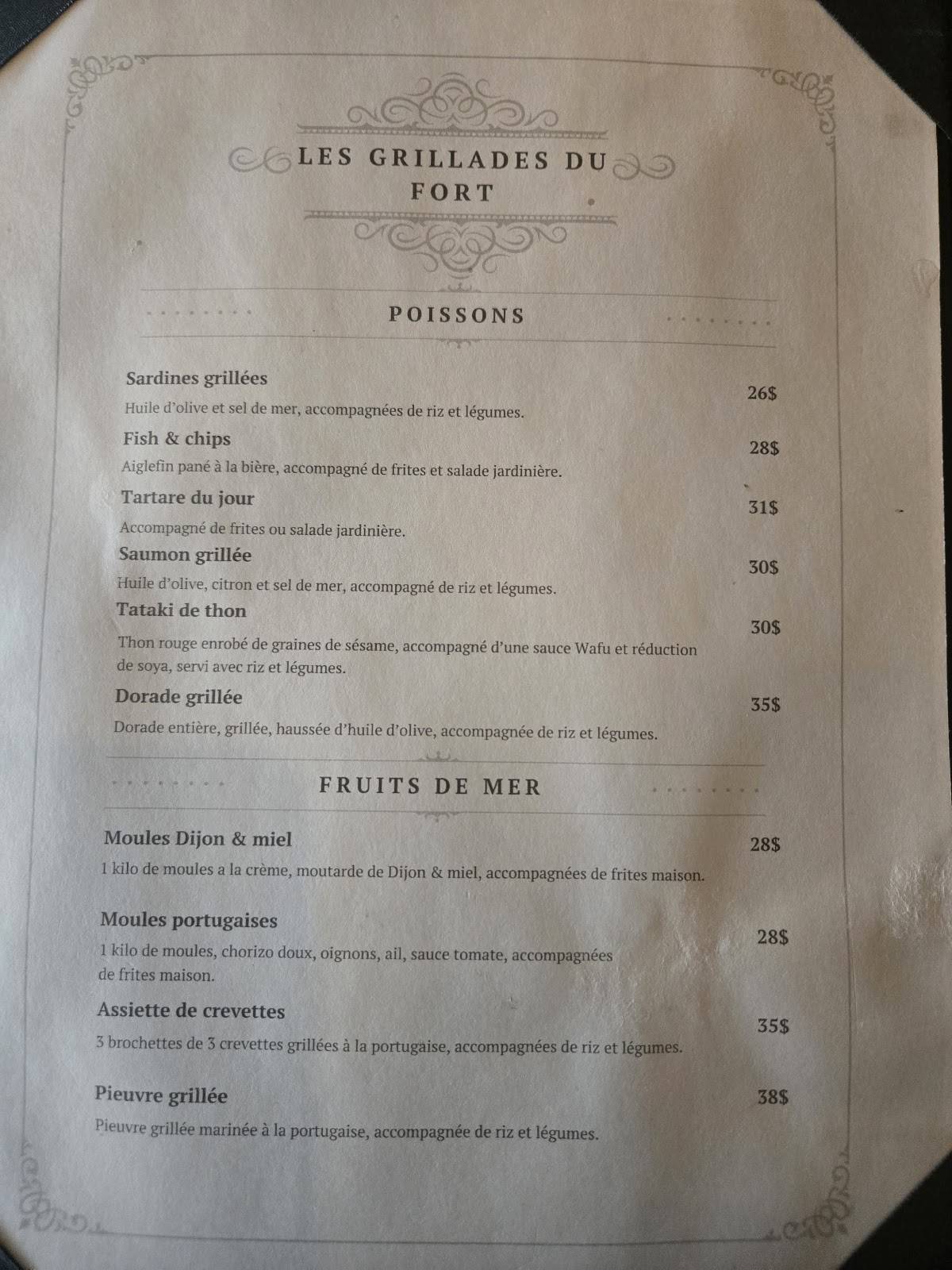 Menu au Les Grillades du Fort restaurant, Chambly