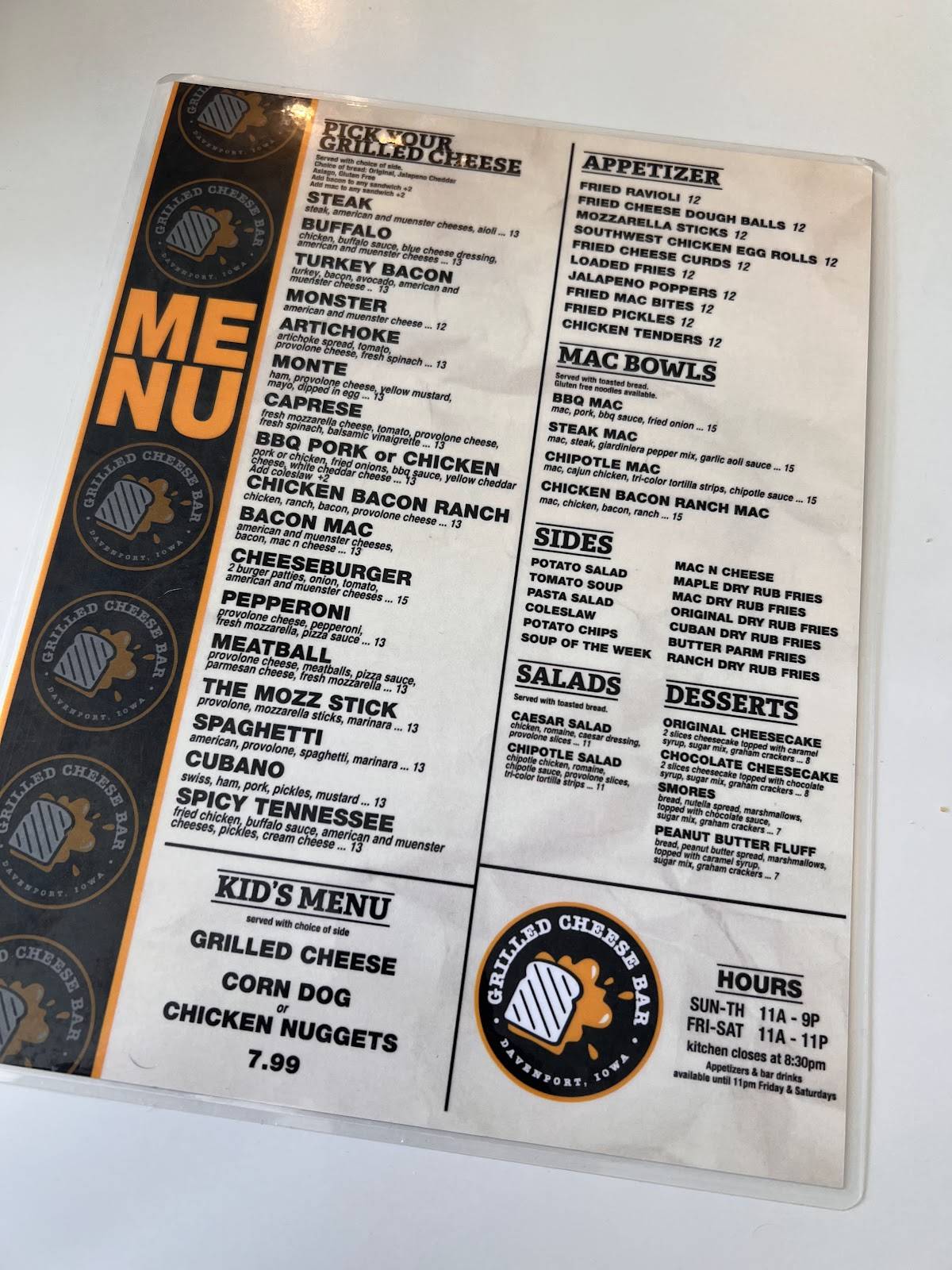 Menu at Grilled Cheese Bar, Davenport