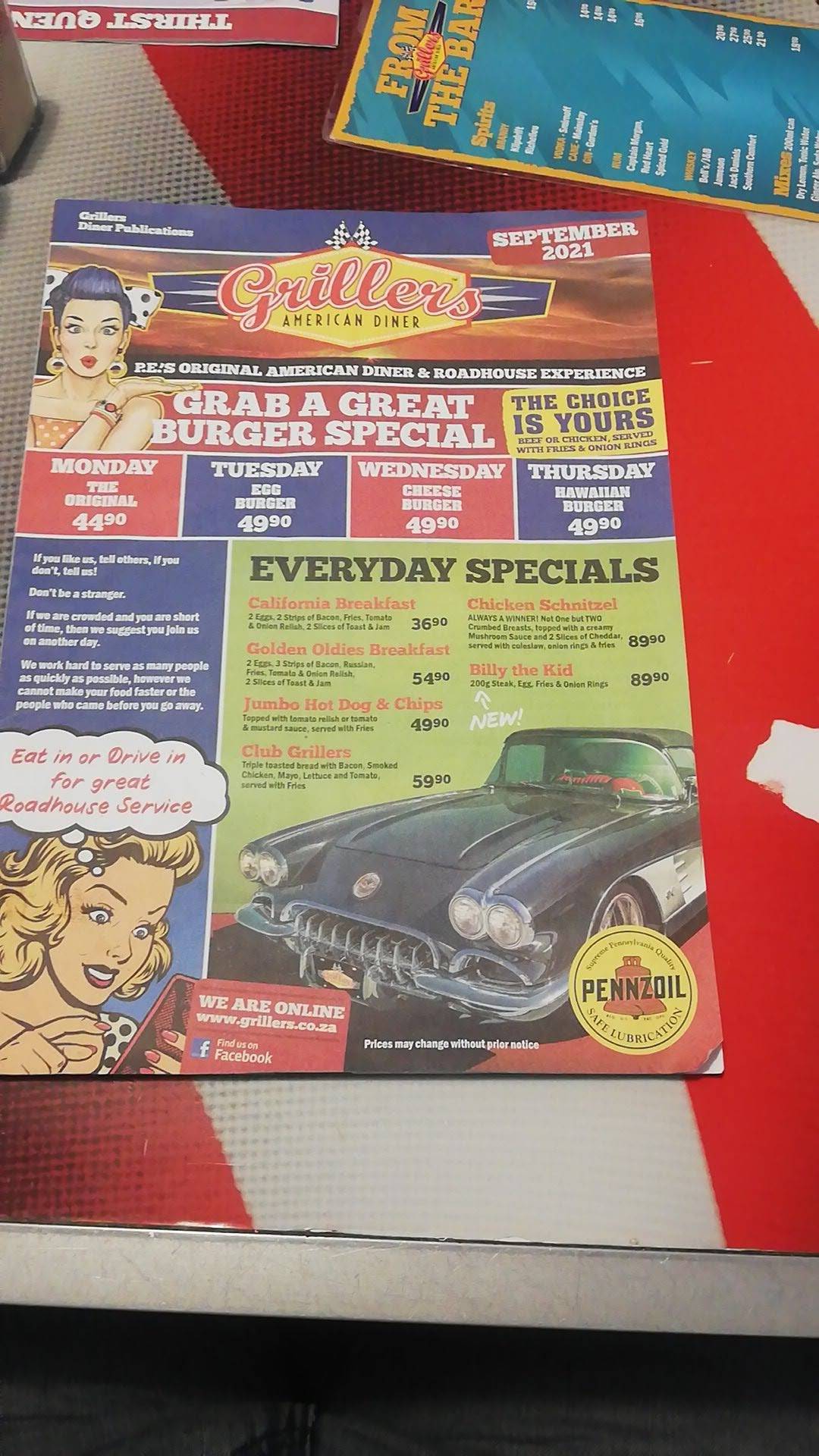 Menu at Grillers restaurant, Port Elizabeth