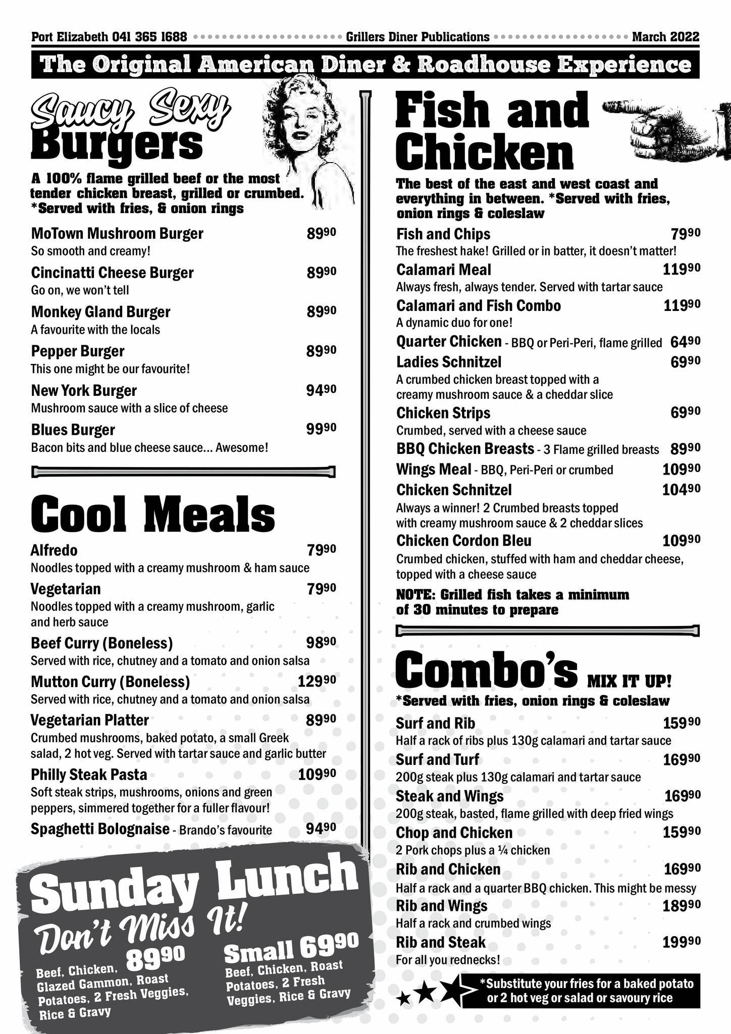 Menu at Grillers restaurant, Port Elizabeth
